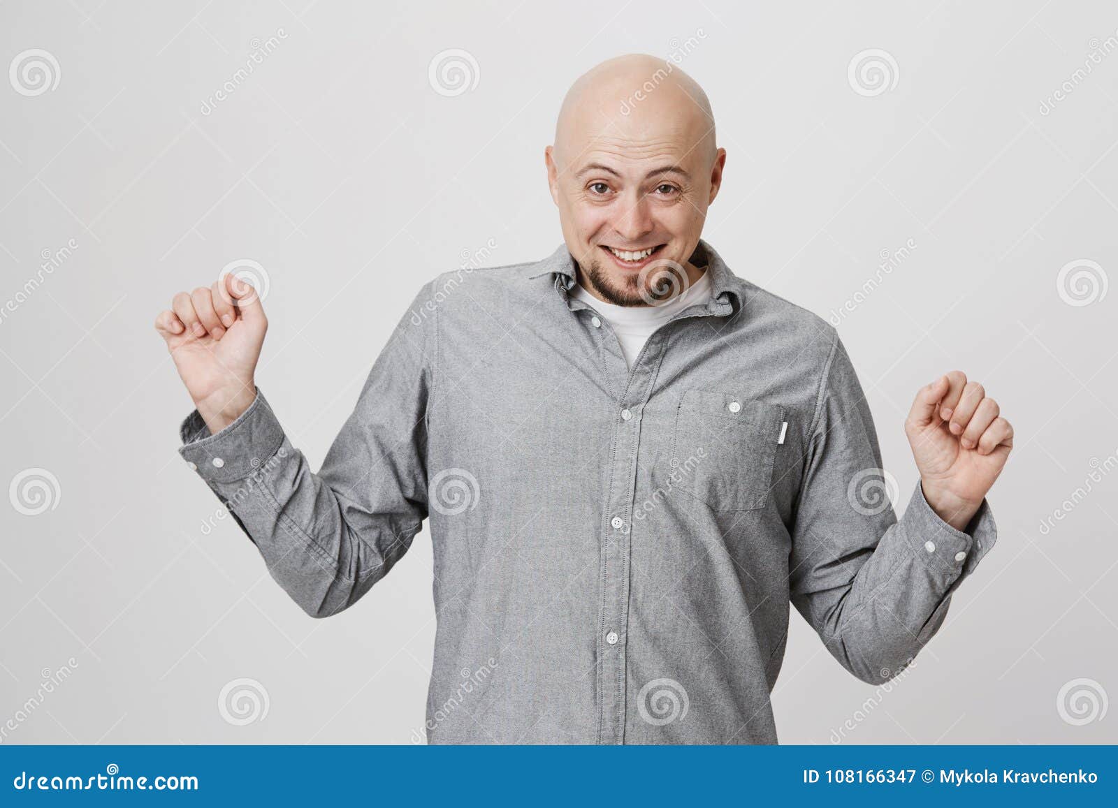 Emotions Concept Portrait Of Handsome Bearded Bald Man Dancing Over