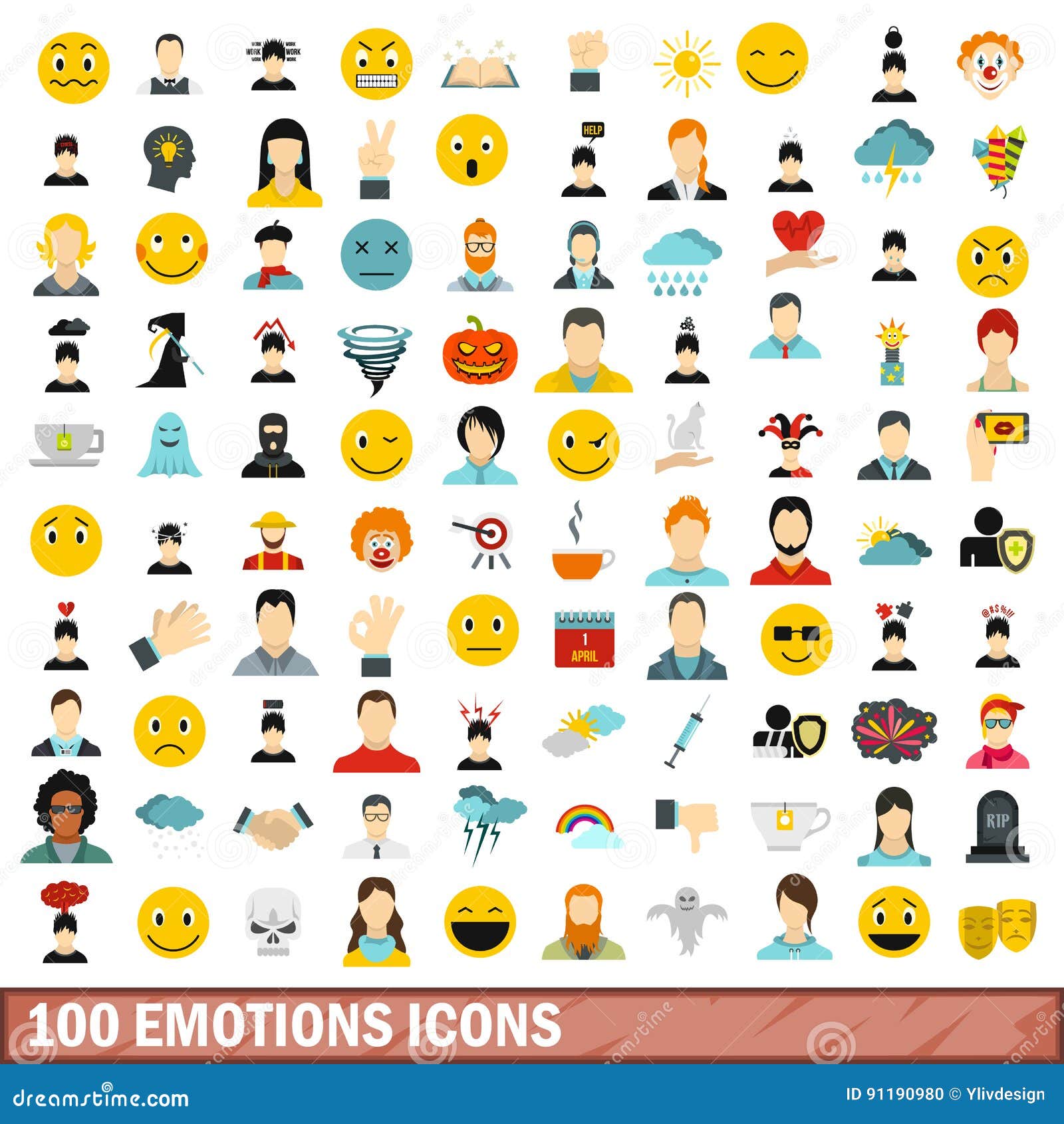100 Emotions Icons Set, Flat Style Stock Vector - Illustration of brain ...