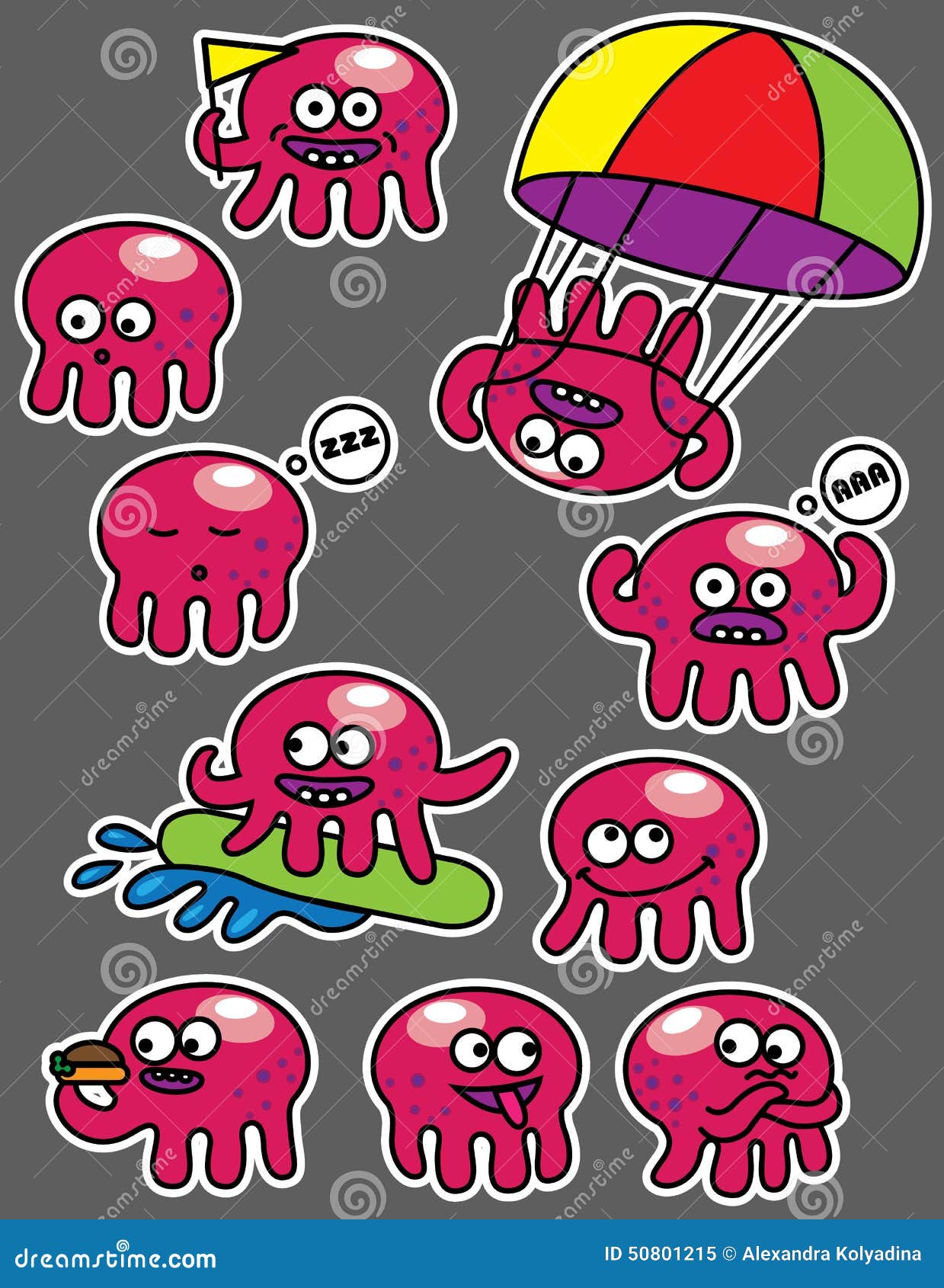 Emotions Octopus Set of Stickers Stock Vector - Illustration of summer ...