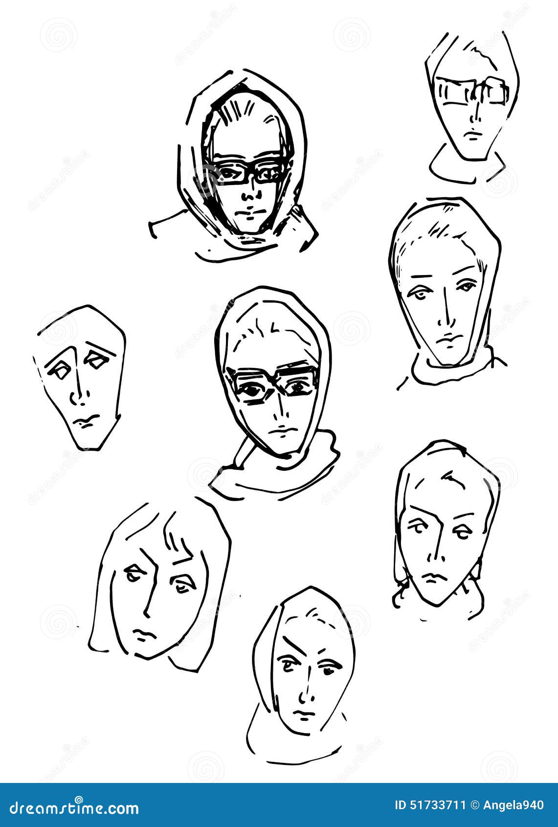 Emotions Women in Ink Sketches Stock Illustration - Illustration of ...