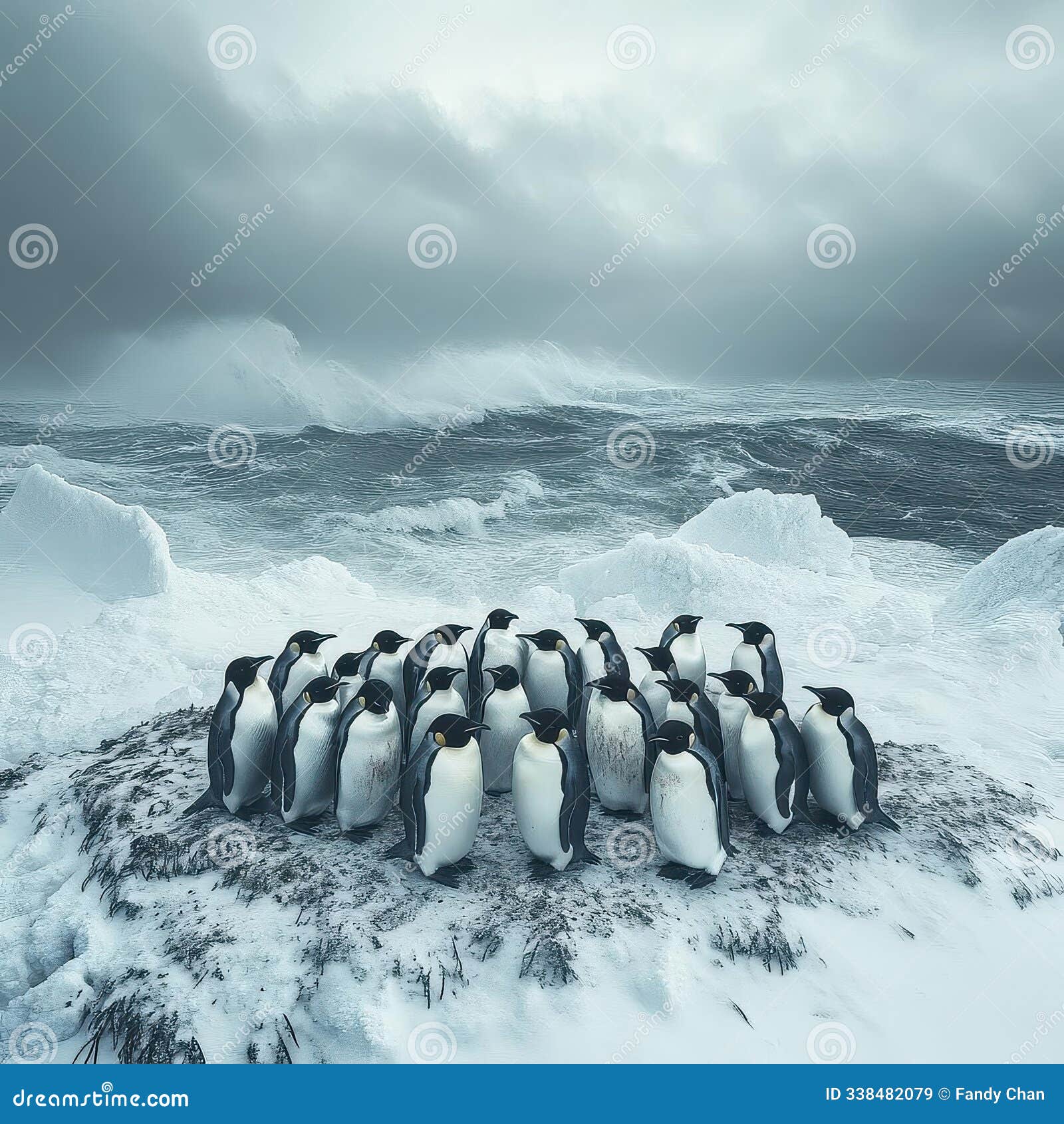 Emperor Penguins Huddle Against Stormy Seas Stock Illustration ...