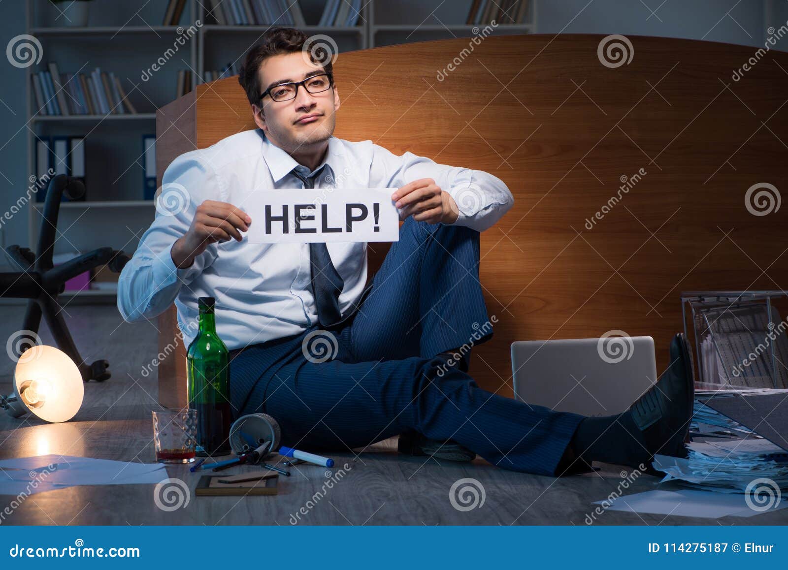 The Employee Asking for Help and Drinking Under Stress and Despair ...