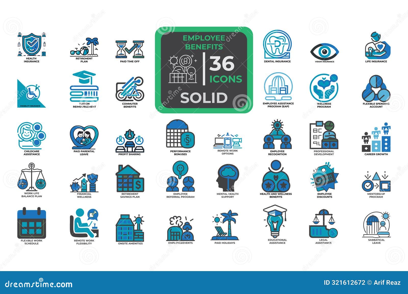 36 Solid Icons for Employee Benefits Set in Fill Style. Stock Vector ...