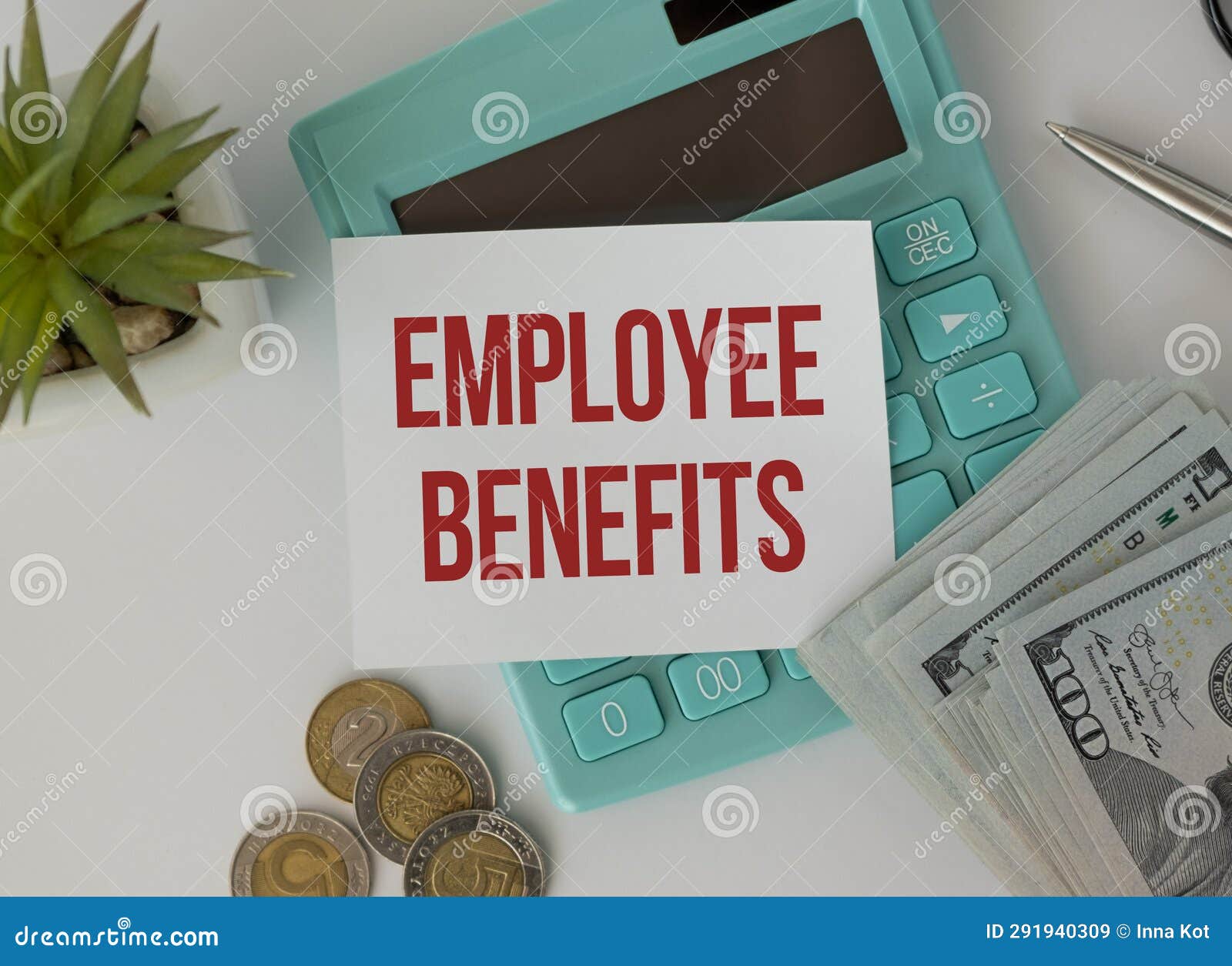 EMPLOYEE BENEFITS Text on Notebook with Chart and Calculator Stock ...
