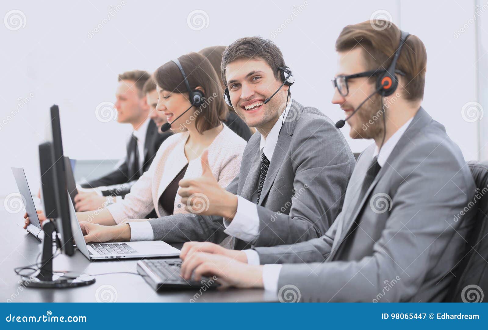 Employee Call Center with Headset Showing Thumb Up Stock Image - Image ...