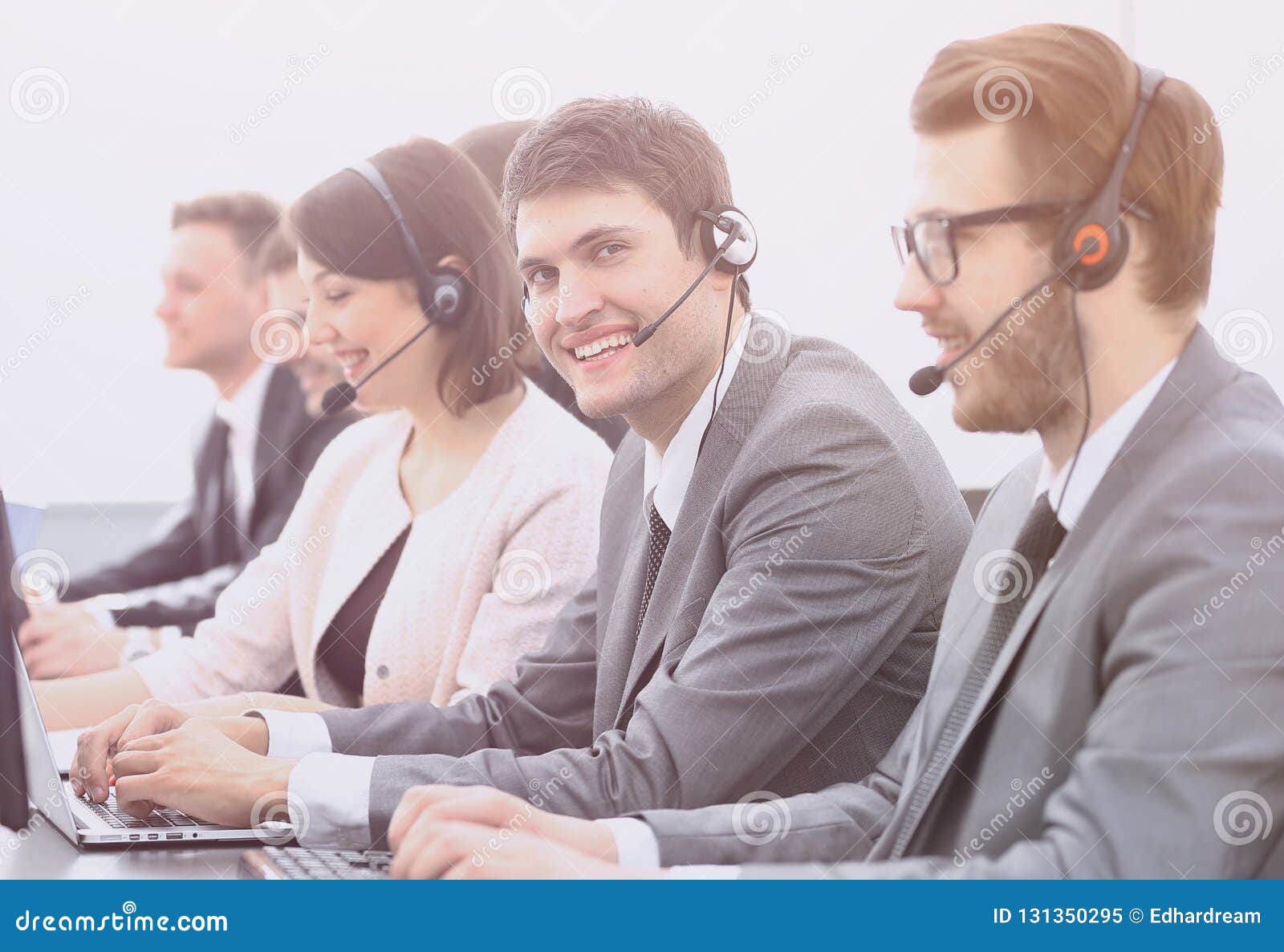 Employee Call Center with Headset at Workplace Stock Image - Image of ...