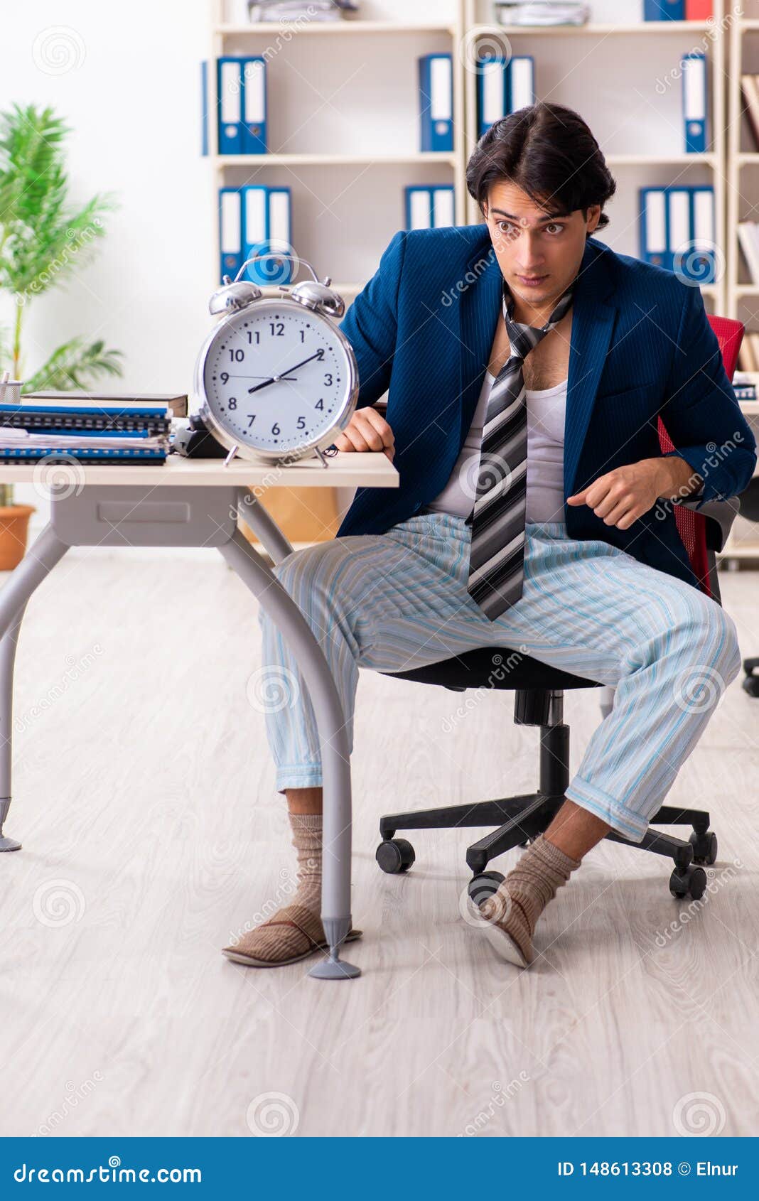 Employee Coming To Work Straight from Bed Stock Photo - Image of ...