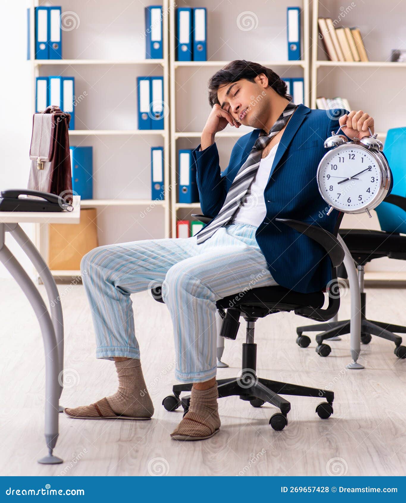 Employee Coming To Work Straight from Bed Stock Photo - Image of ...