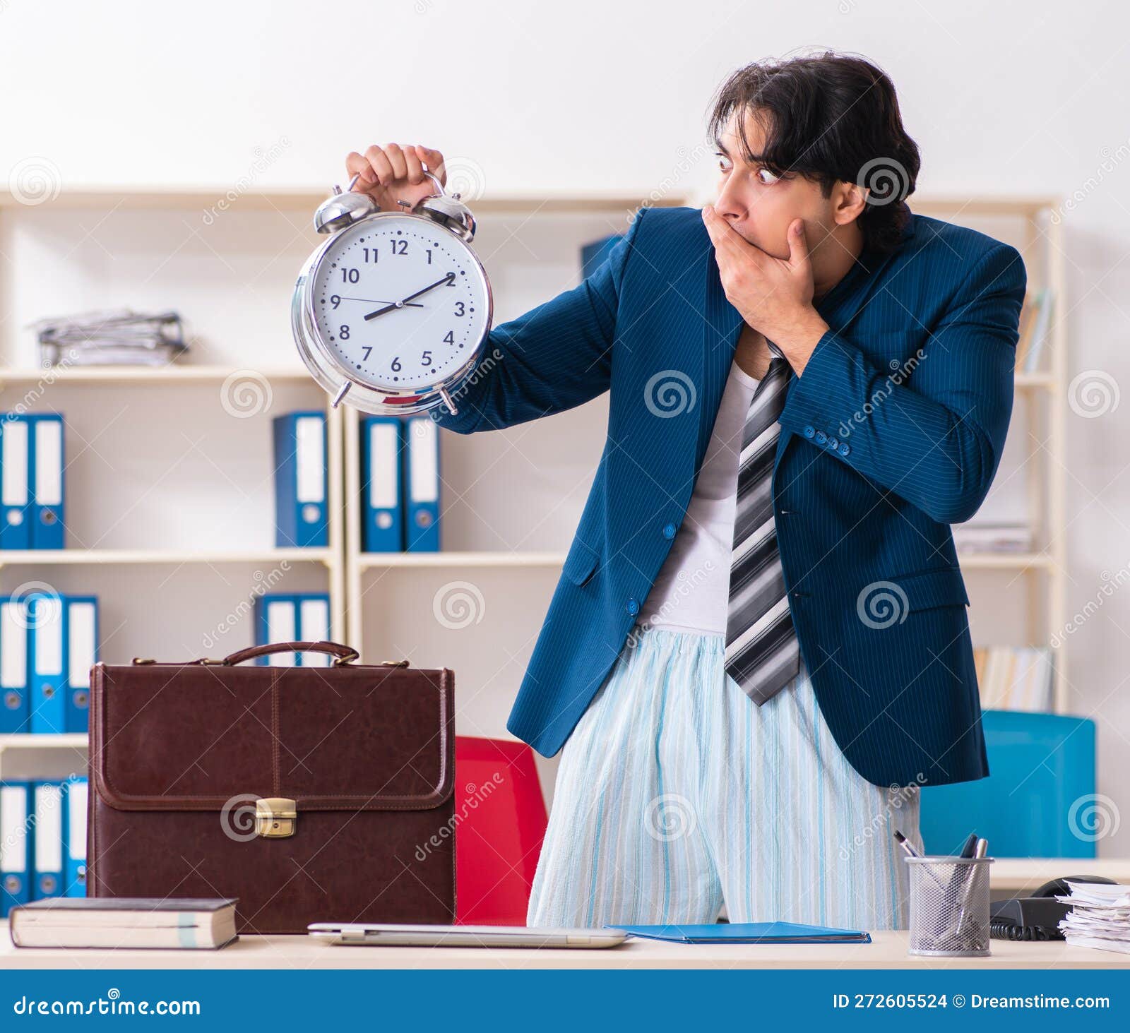 Employee Coming To Work Straight from Bed Stock Photo - Image of ...