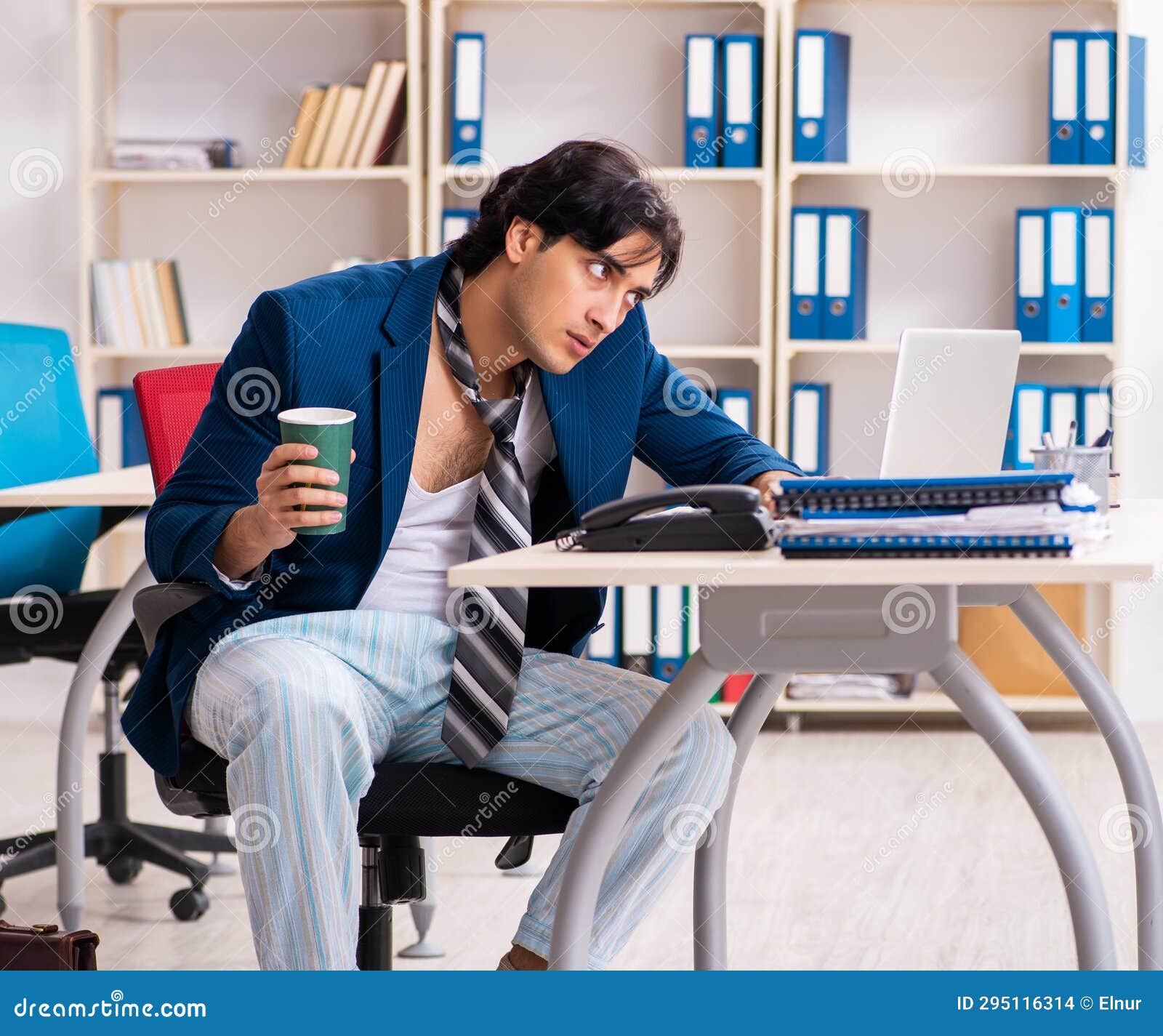 Employee Coming To Work Straight from Bed Stock Photo - Image of ...