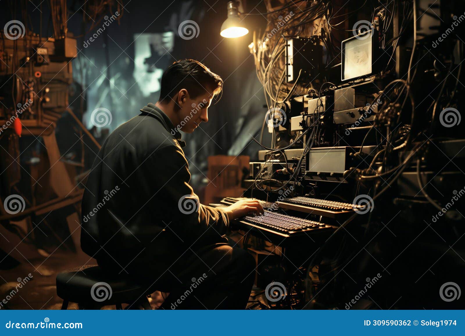 An Employee Controls Industrial Devices in a Workshop or Laboratory, a ...