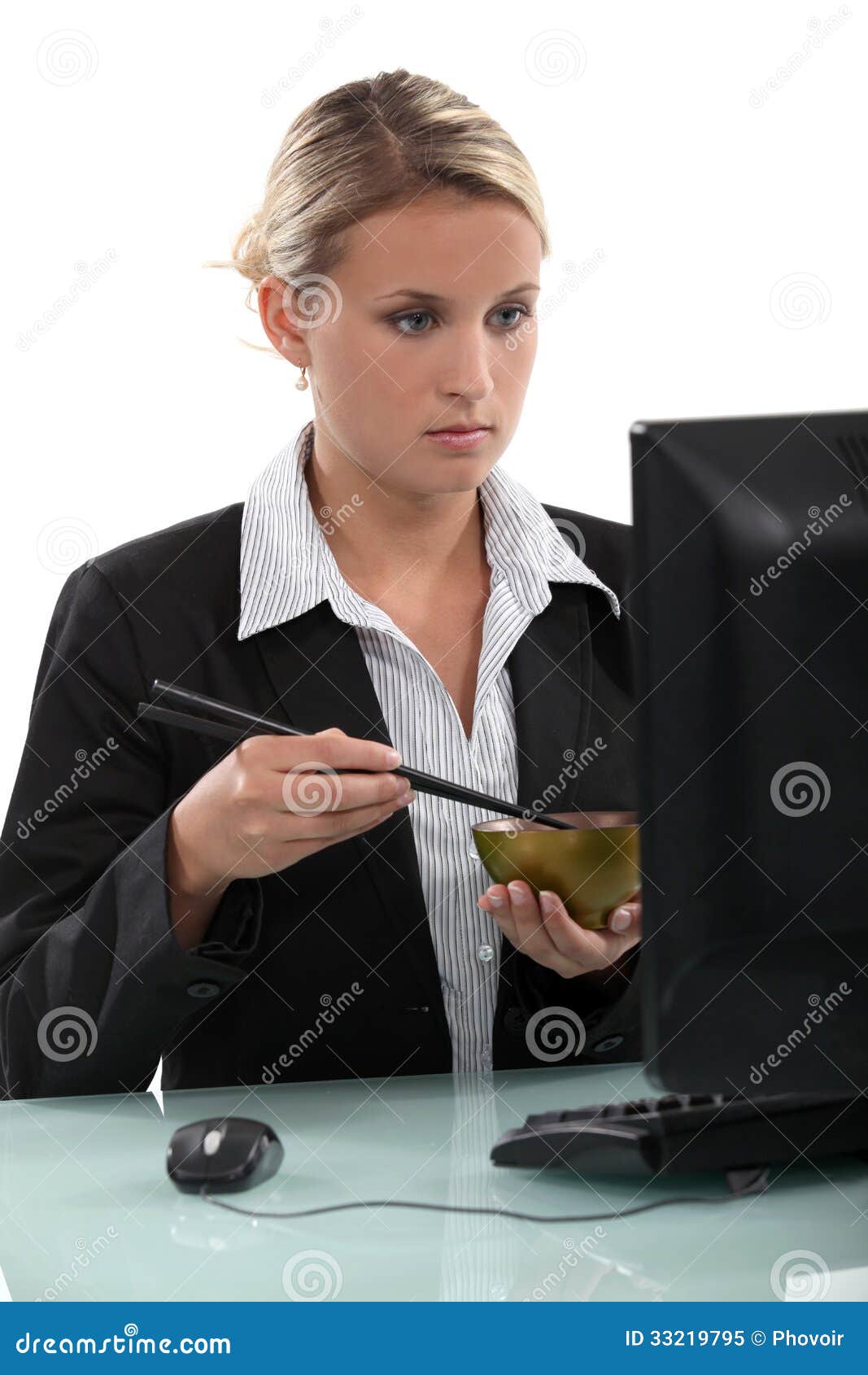 Employee Eating at Her Computer Stock Image - Image of person, china ...