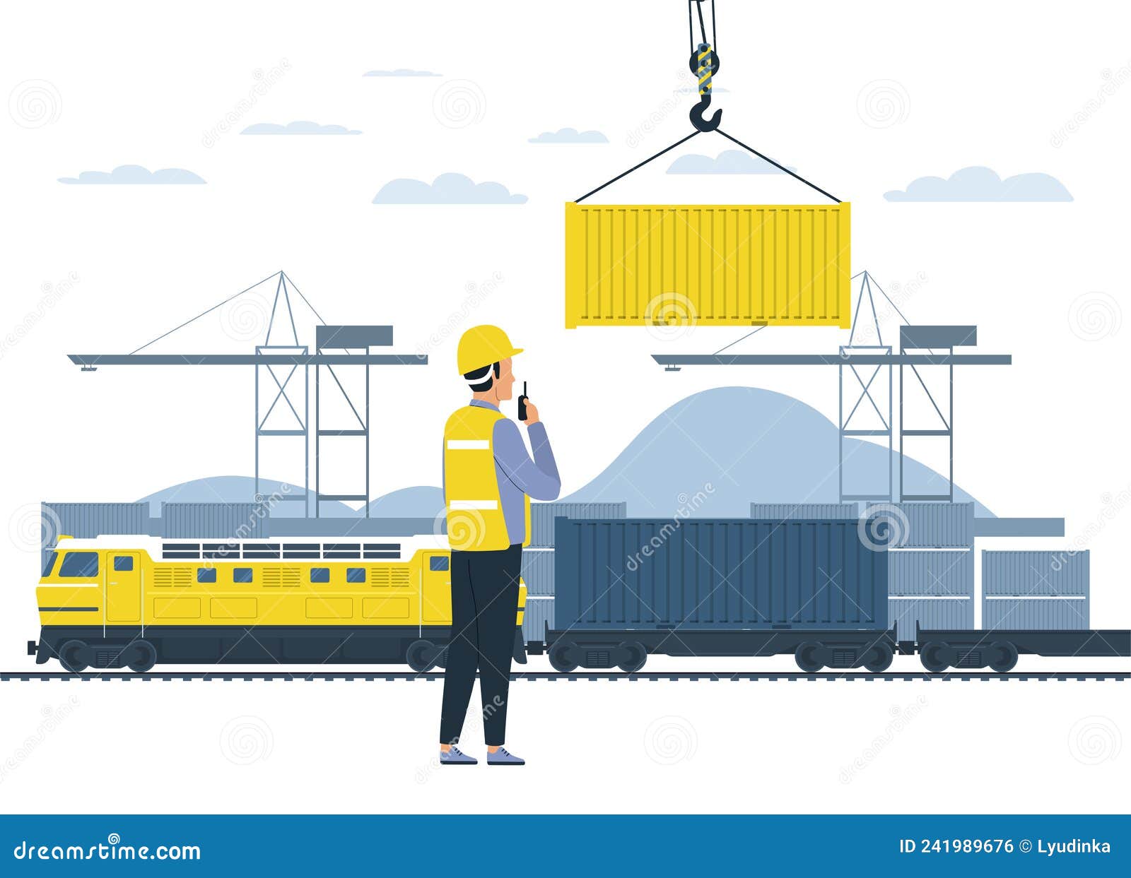 An Employee is Loading a Container Onto a Freight Train. Vector ...