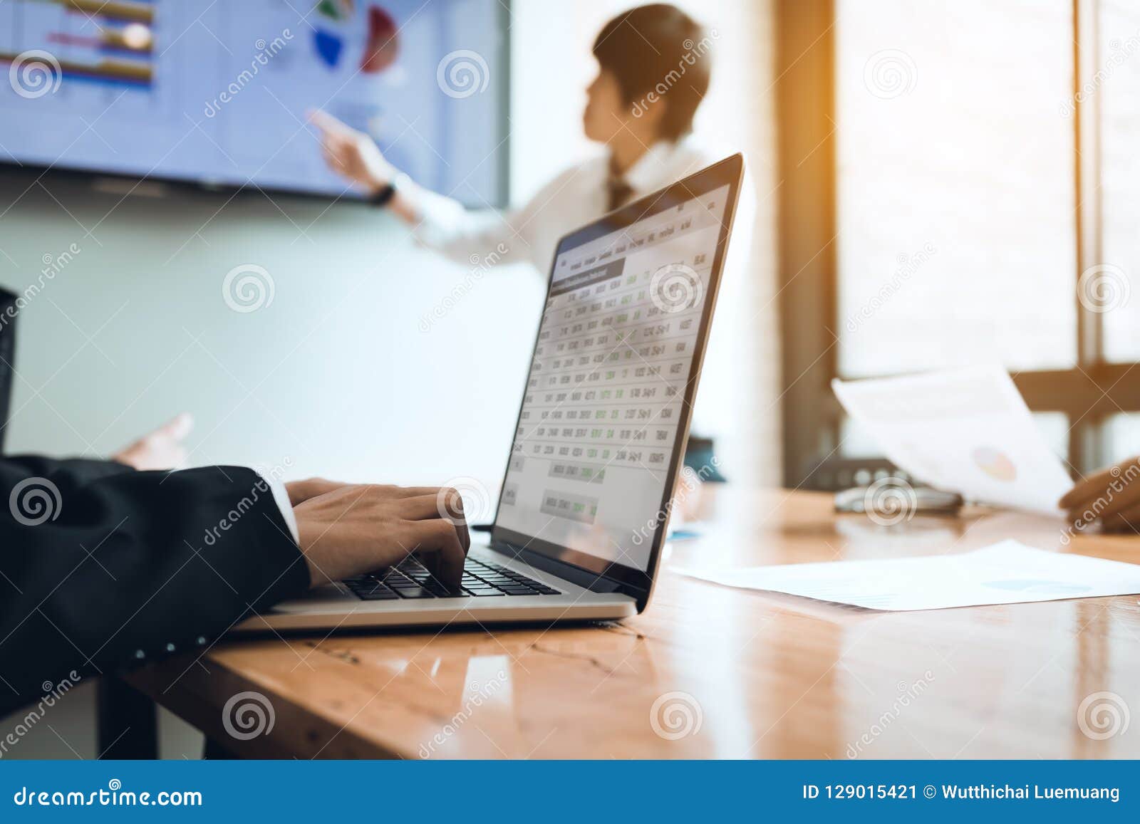 Employee Meeting Working on Desk and Using Computer Laptop at Th Stock ...