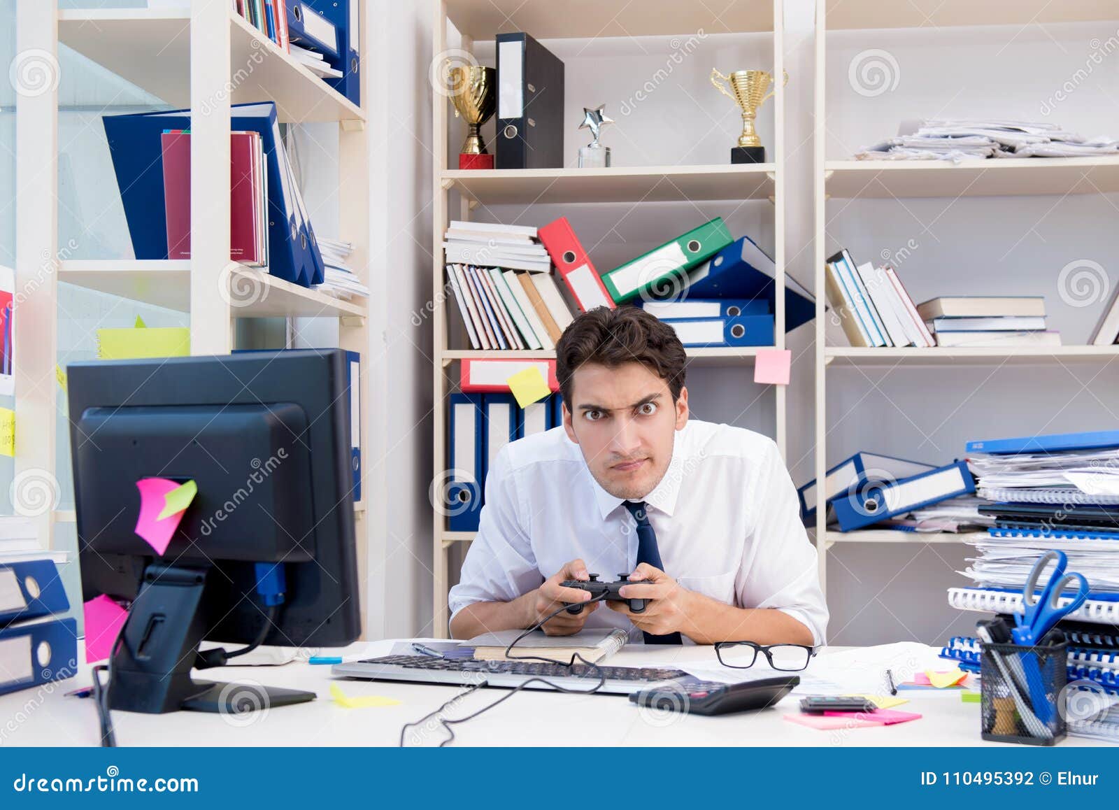 The Employee Playing Computer Games in the Office Stock Photo - Image ...