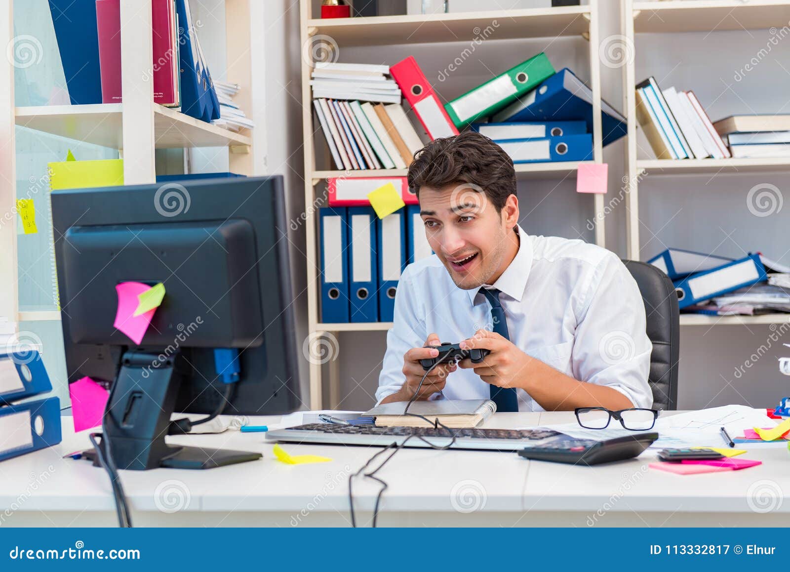 The Employee Playing Computer Games in the Office Stock Image - Image ...