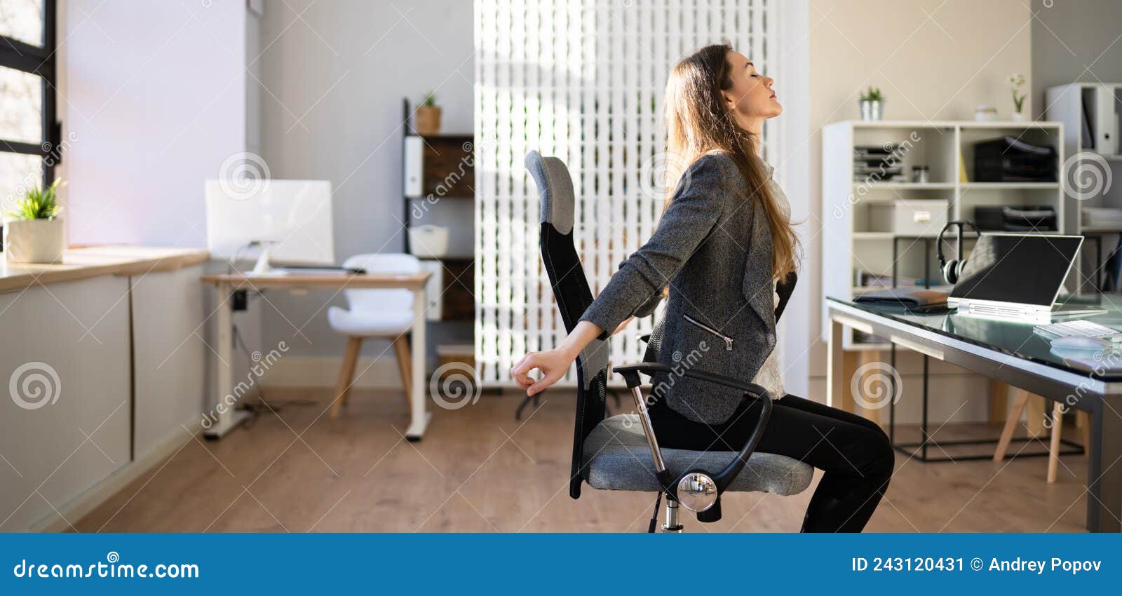 Employee Stretching at Office Desk Stock Image - Image of space, smile ...