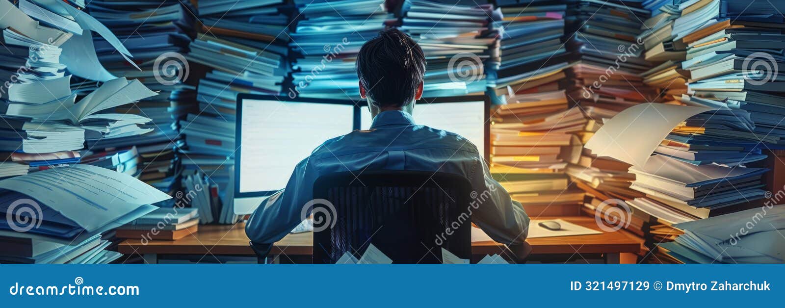 Employee Surrounded by Piles of Paperwork or Staring at a Computer ...