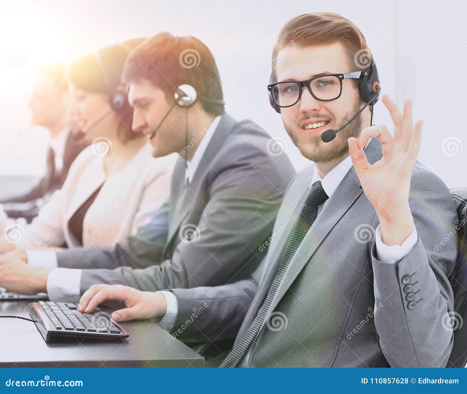 Customer Service Representative with Headset Showing Sign `OK` Stock ...