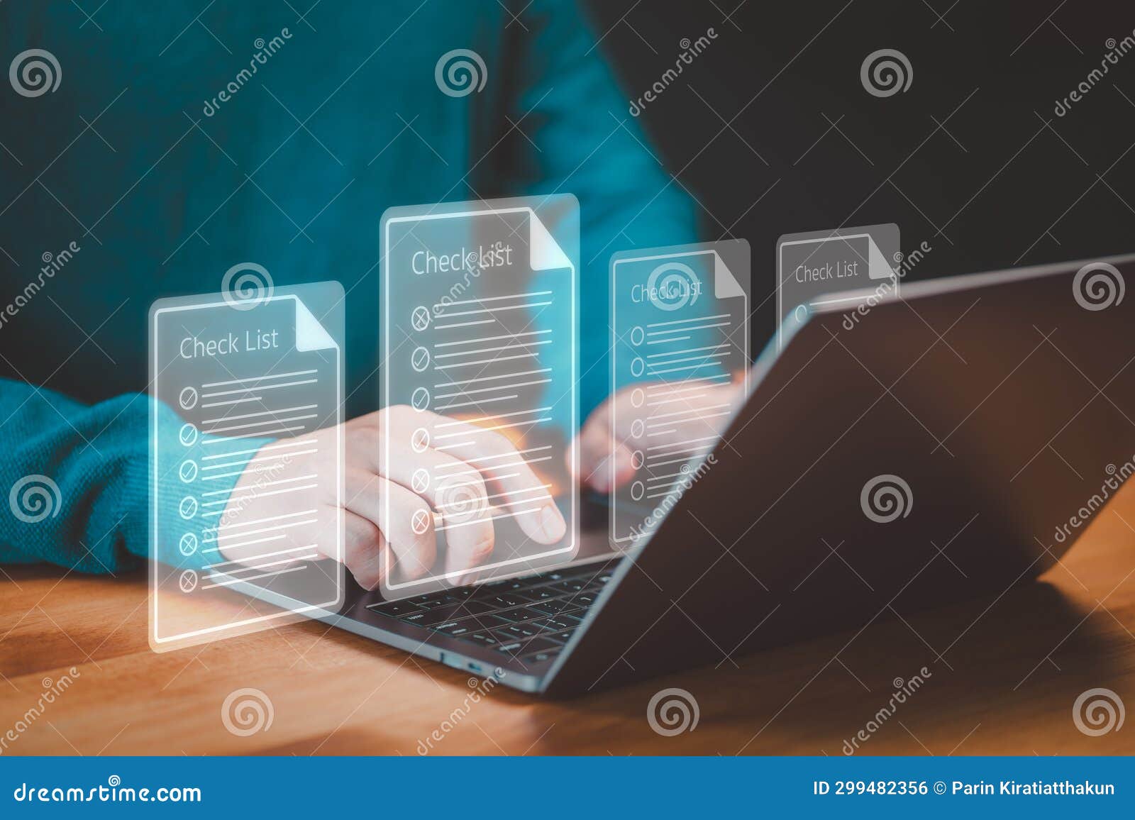 Employee Using a Computer Laptop Making Online Checklist Survey Stock ...
