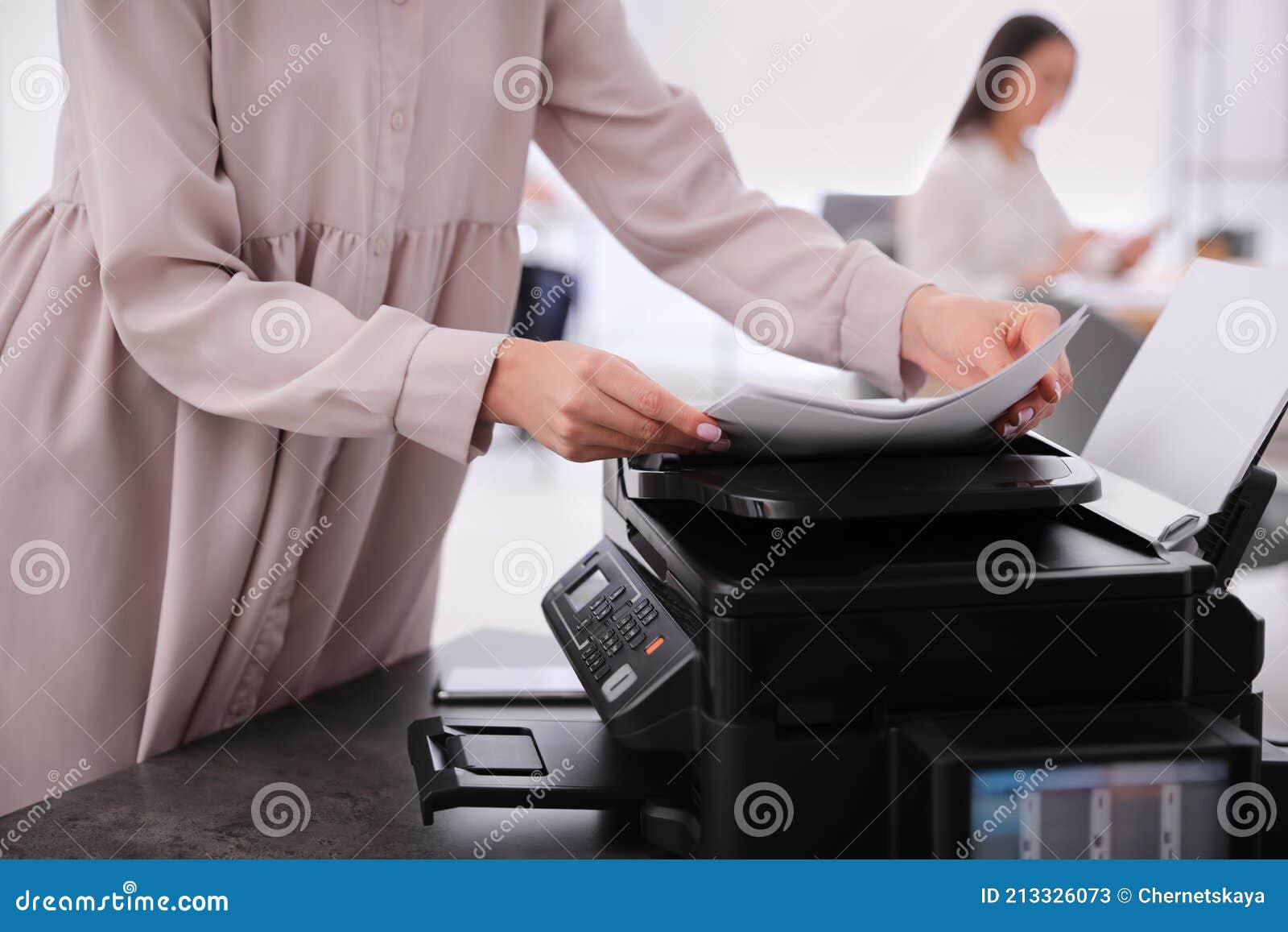 Employee Using Modern Printer in Office, Closeup Stock Image - Image of ...