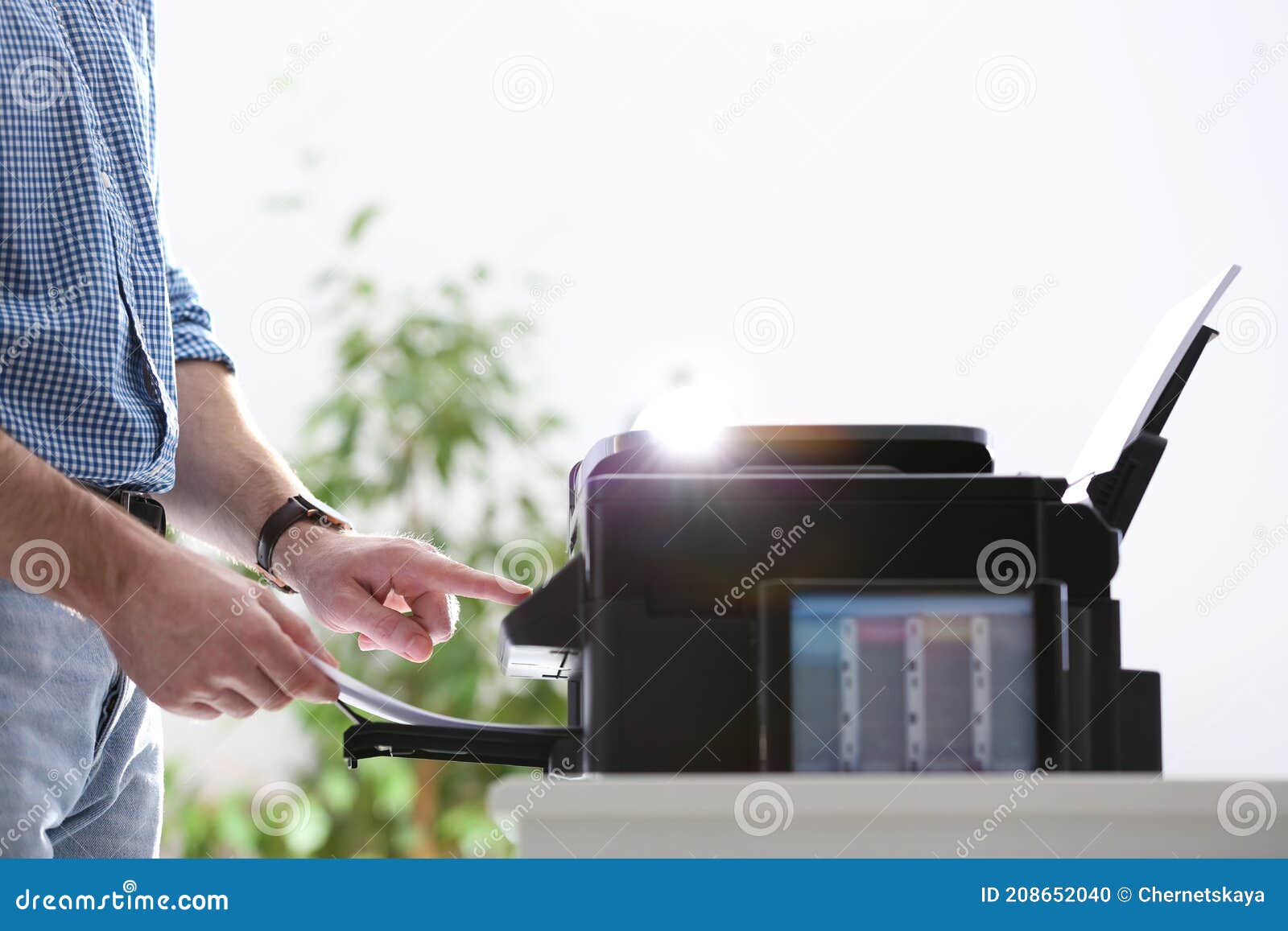 Employee Using Modern Printer in Office Closeup Stock Photo - Image of ...