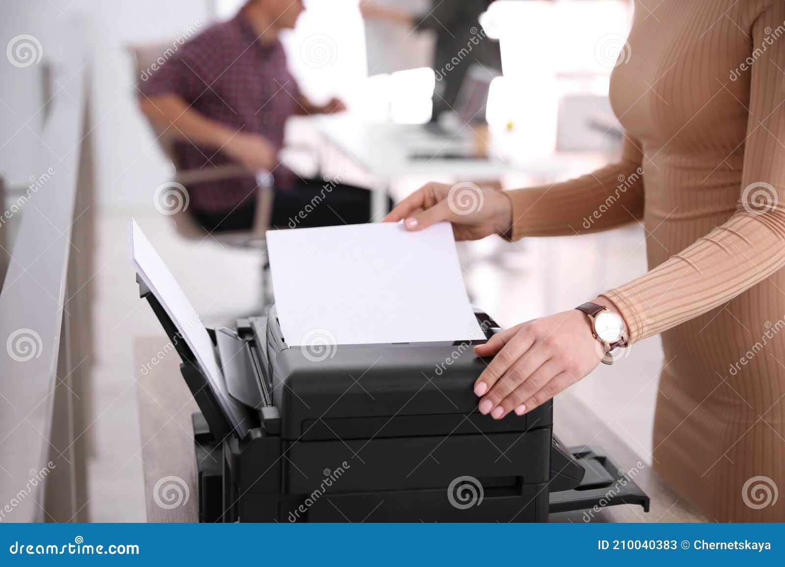 Employee Using Modern Printer in Office, Closeup Stock Image - Image of ...