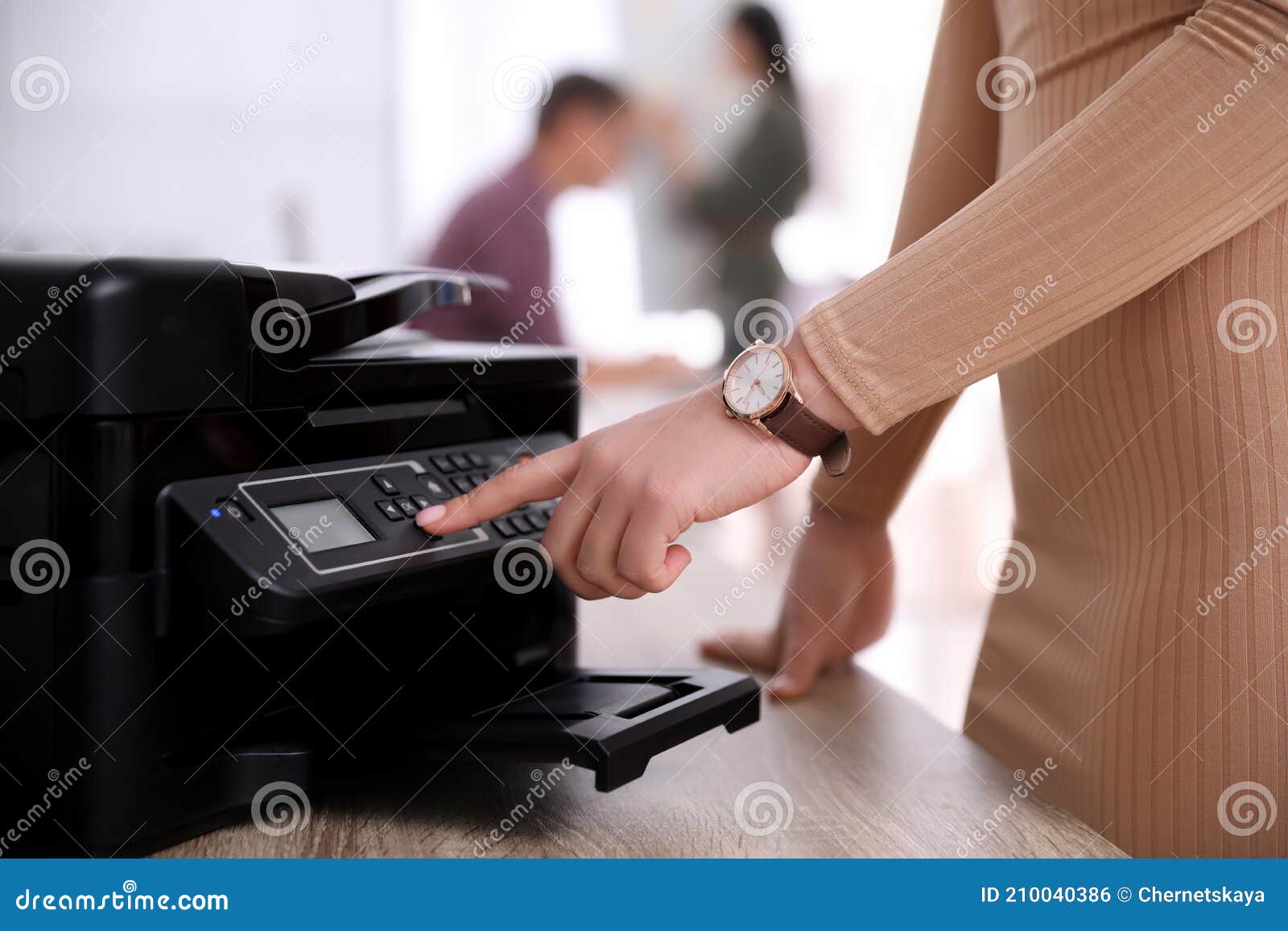 Employee Using Modern Printer in Office, Closeup Stock Photo - Image of ...