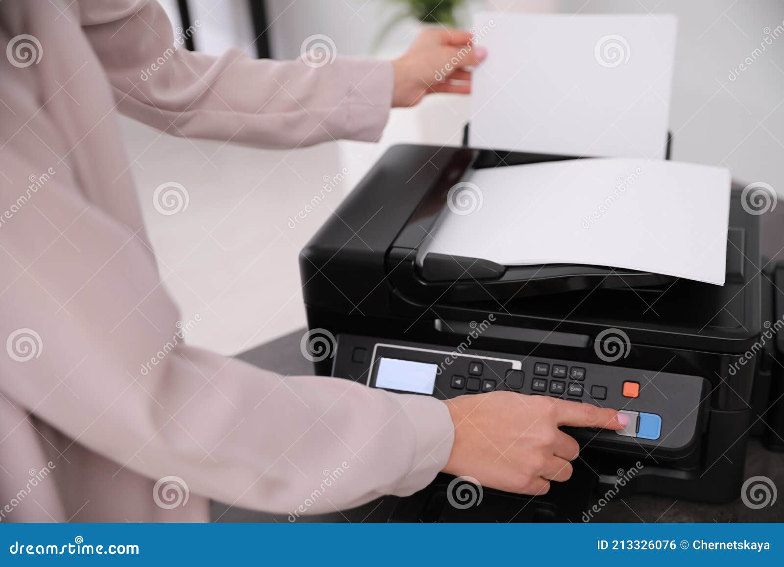 Employee Using Modern Printer in Office, Closeup Stock Photo - Image of ...