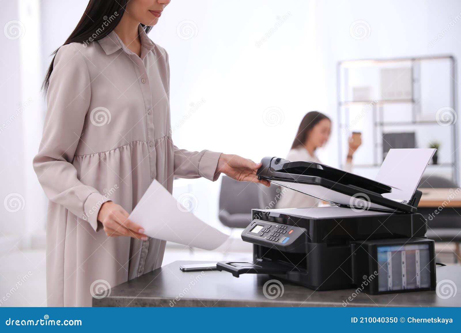Employee Using Modern Printer in Office, Closeup Stock Photo - Image of ...