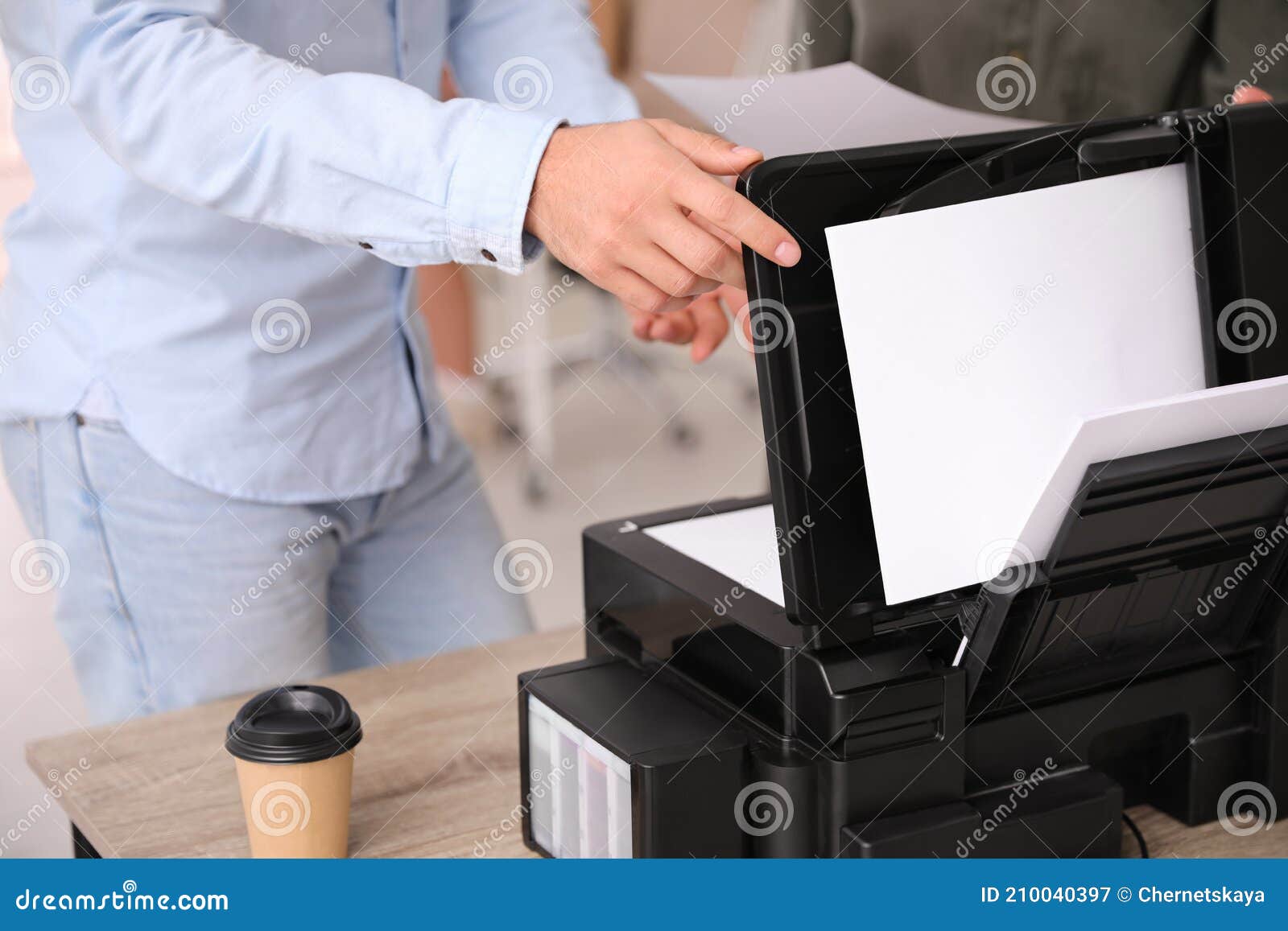 Employee Using Modern Printer in Office, Closeup Stock Image - Image of ...