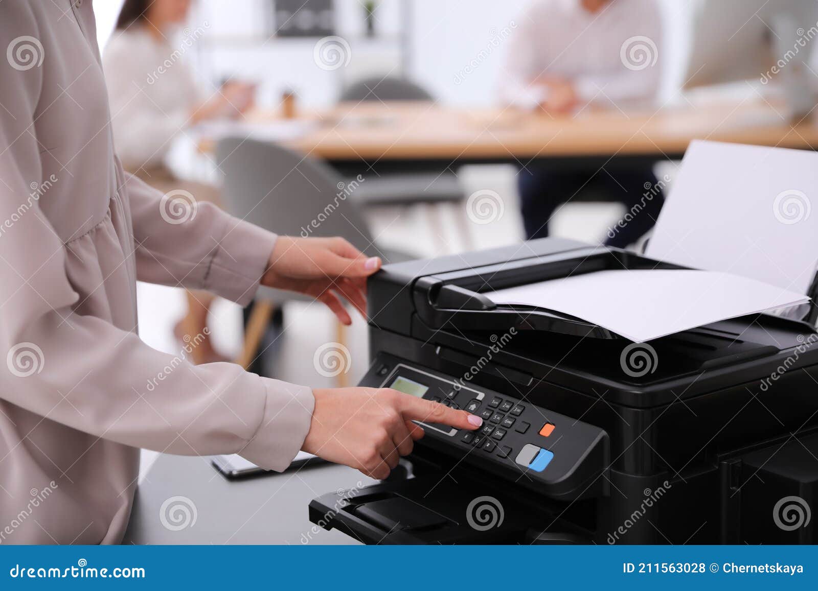 Employee Using Modern Printer in Office, Closeup Stock Photo - Image of ...