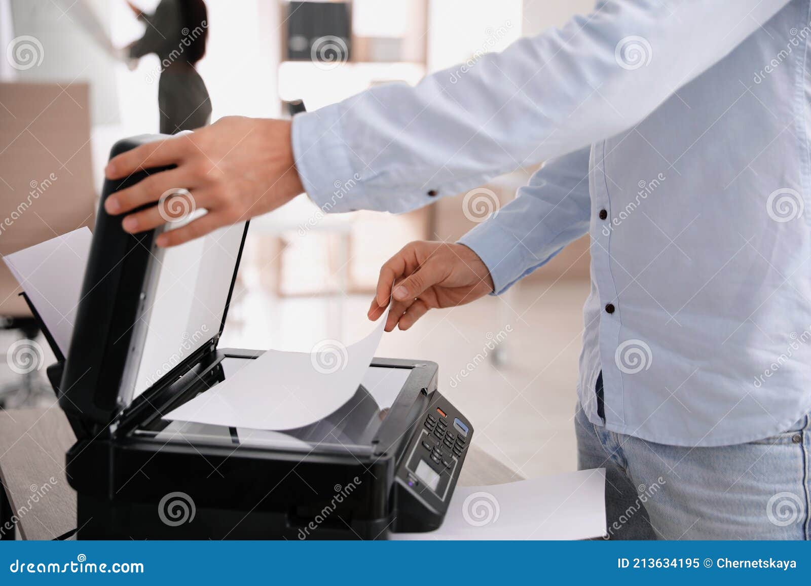 Employee Using Modern Printer in Office, Closeup Stock Image - Image of ...