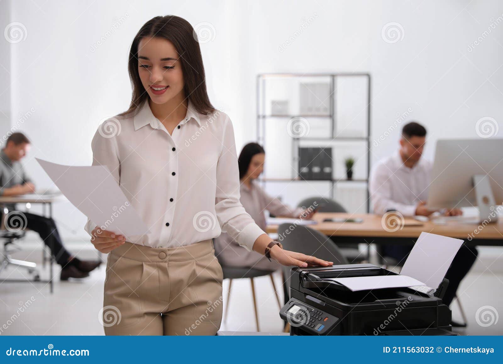 Employee Using New Modern Printer in Office Stock Photo - Image of ...