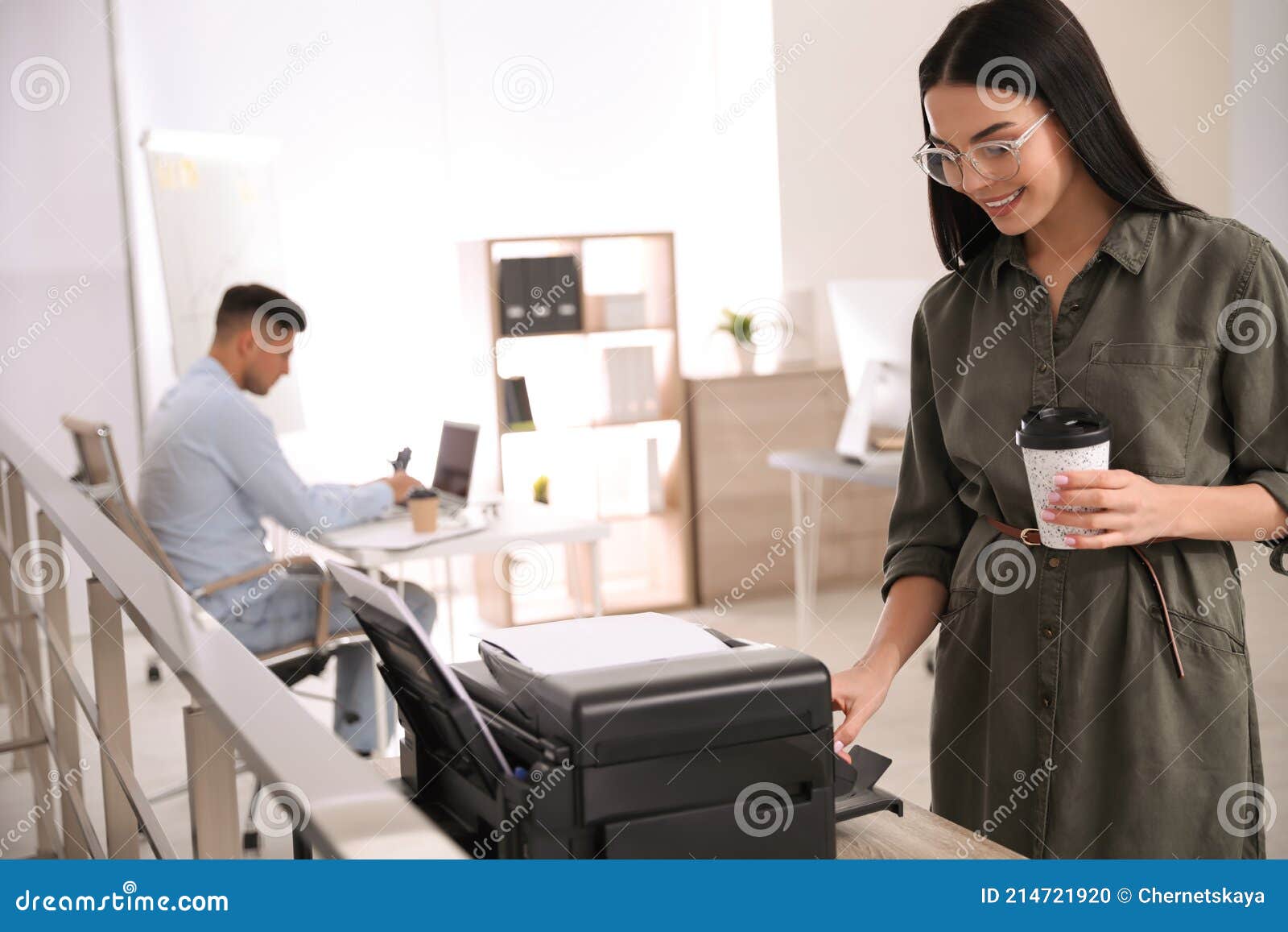 Employee Using New Modern Printer in Office Stock Photo - Image of ...