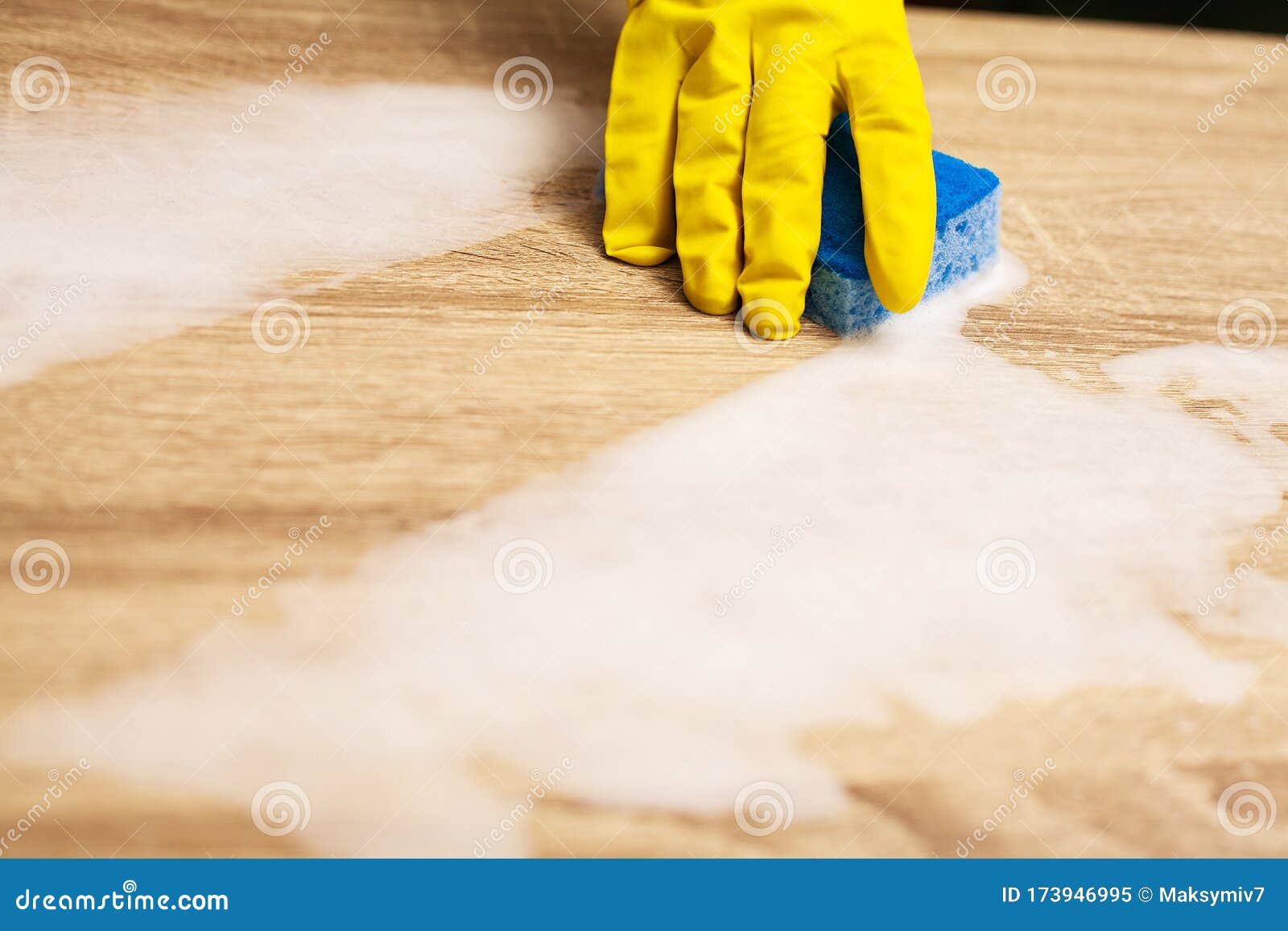 Employee Using Sponge for Cleaning Wood Table Stock Image - Image of ...