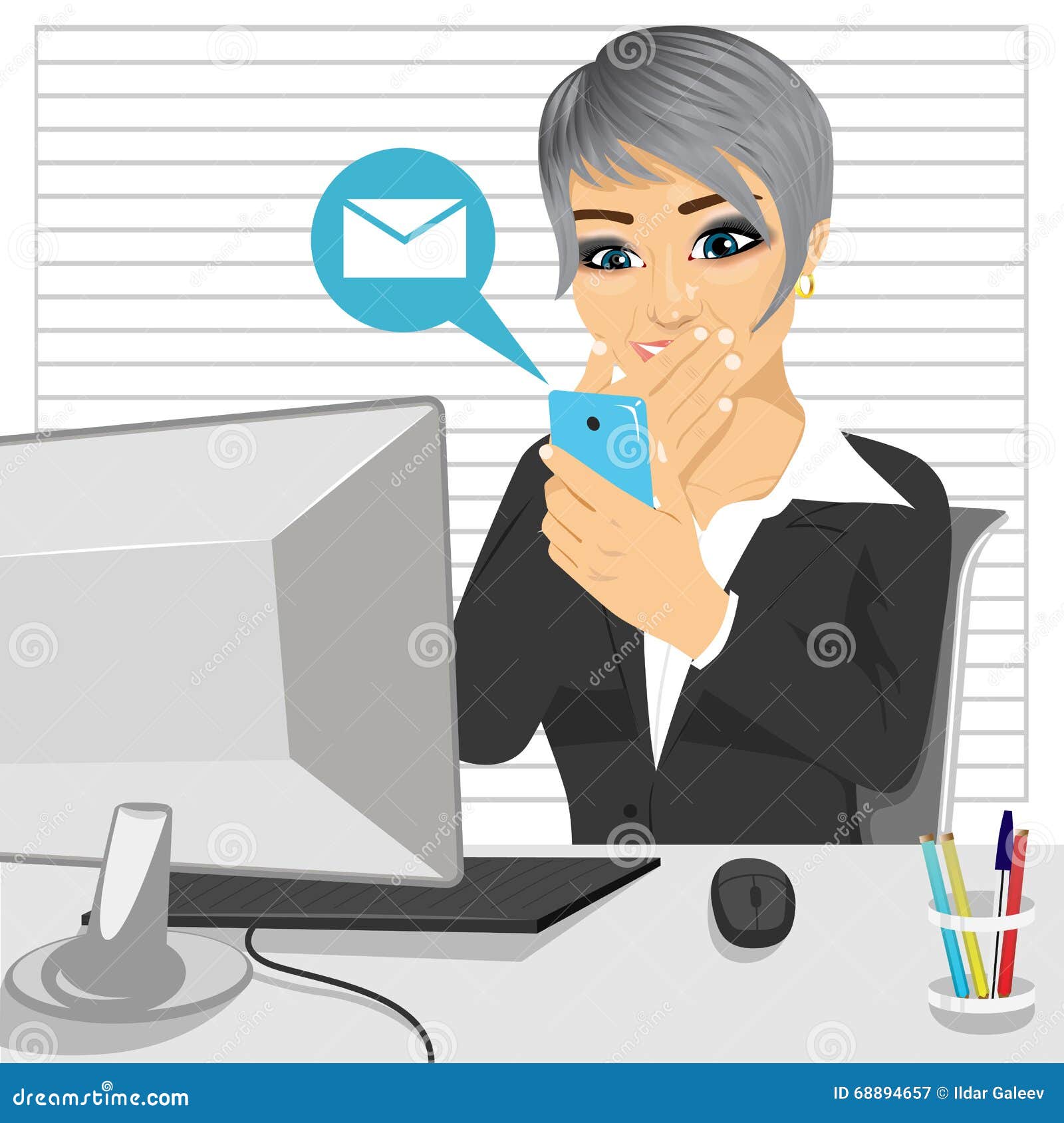 Employee Woman Distracted from Work Chatting with Smartphone in the ...