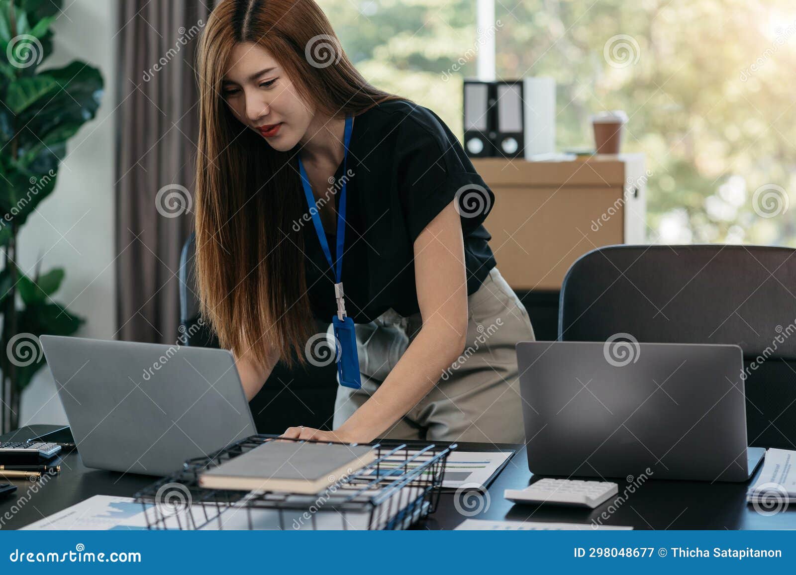 Employee, Working with Documents Sitting at Desk Using Laptop and ...