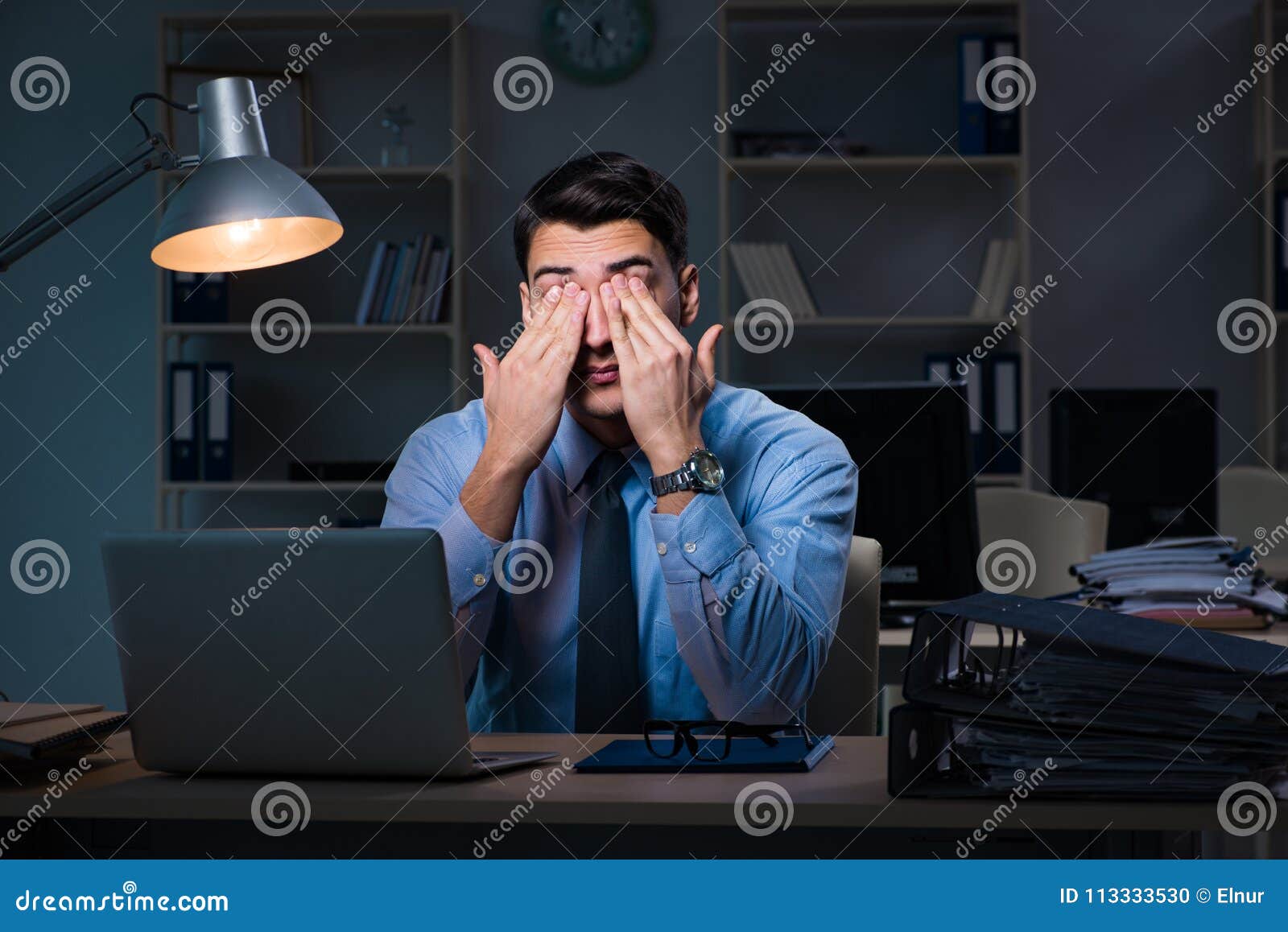 The Employee Working Late at Night at Important Report Stock Photo ...