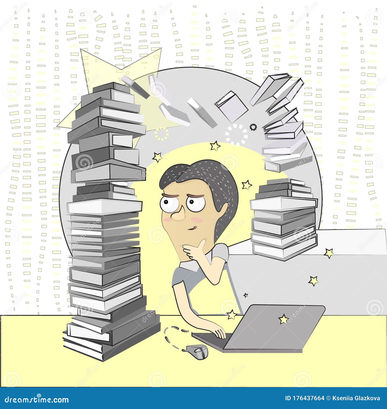 Employee in the Workplace. among the Papers, Littered with Work Stock ...