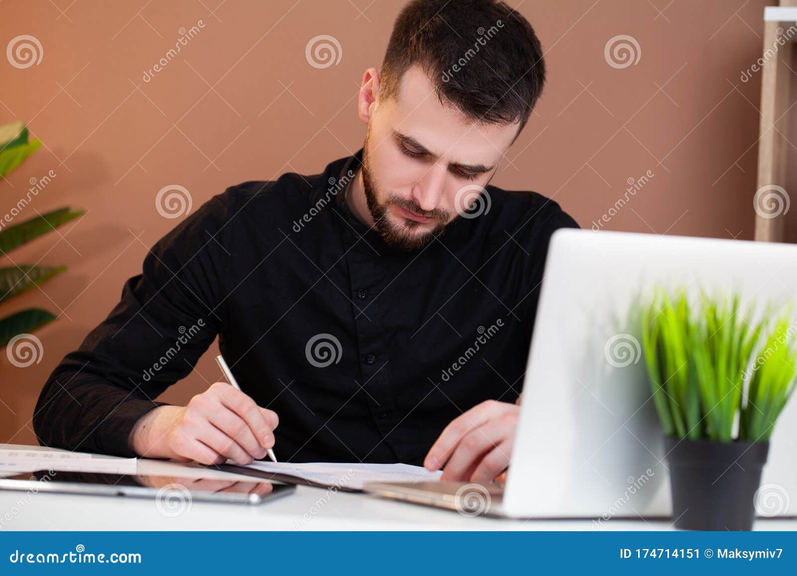 Employee Works at the Computer in the Office Stock Image - Image of ...