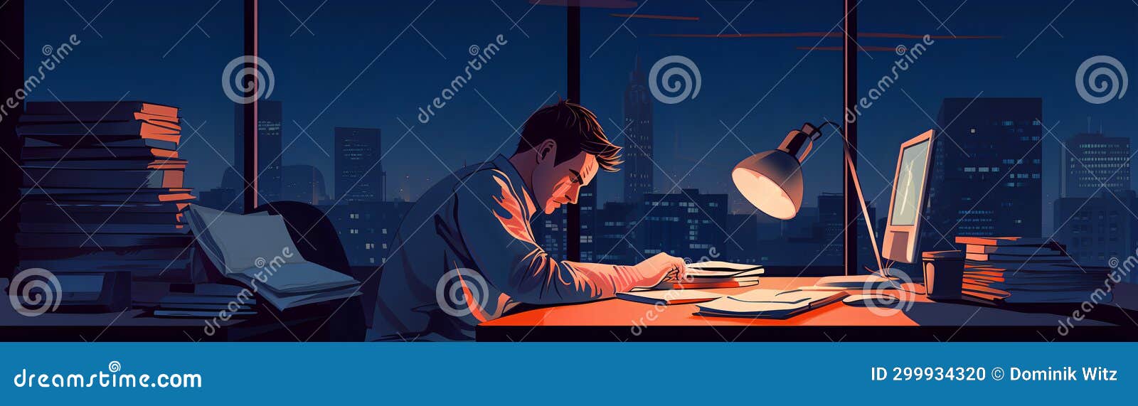 Employee Works Overtime during Night Shift Stock Illustration ...