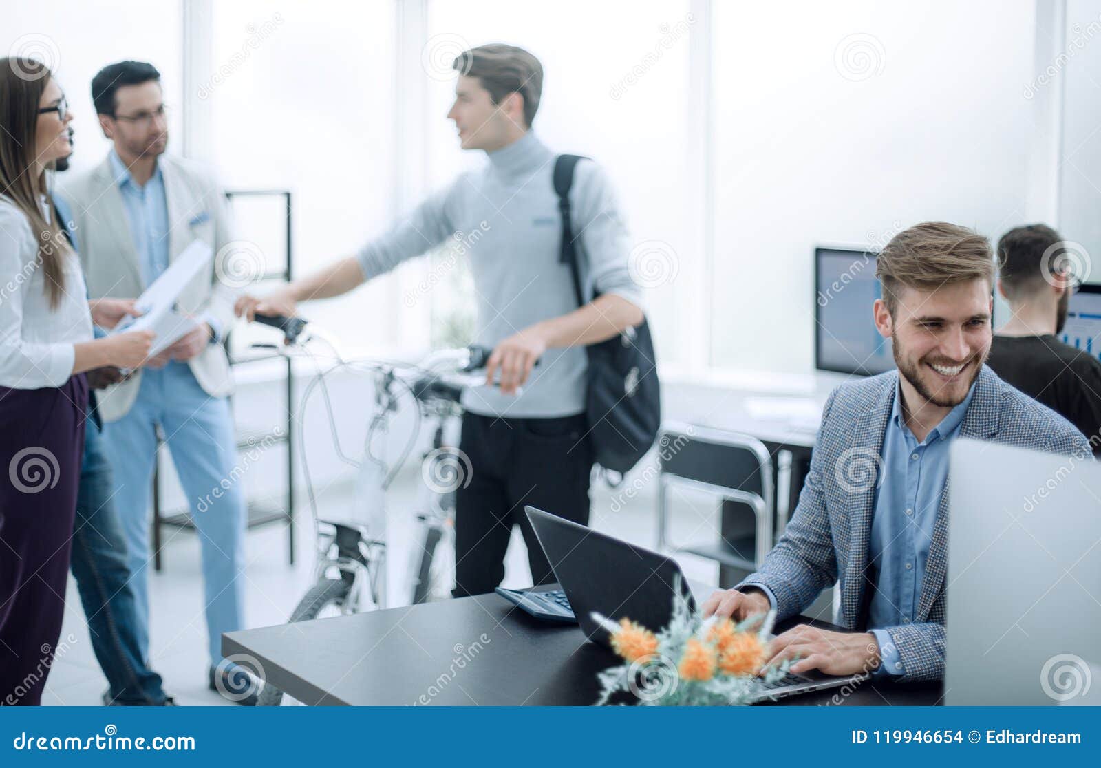 Employees Discuss Work-related Problems Standing in the Office. Stock ...