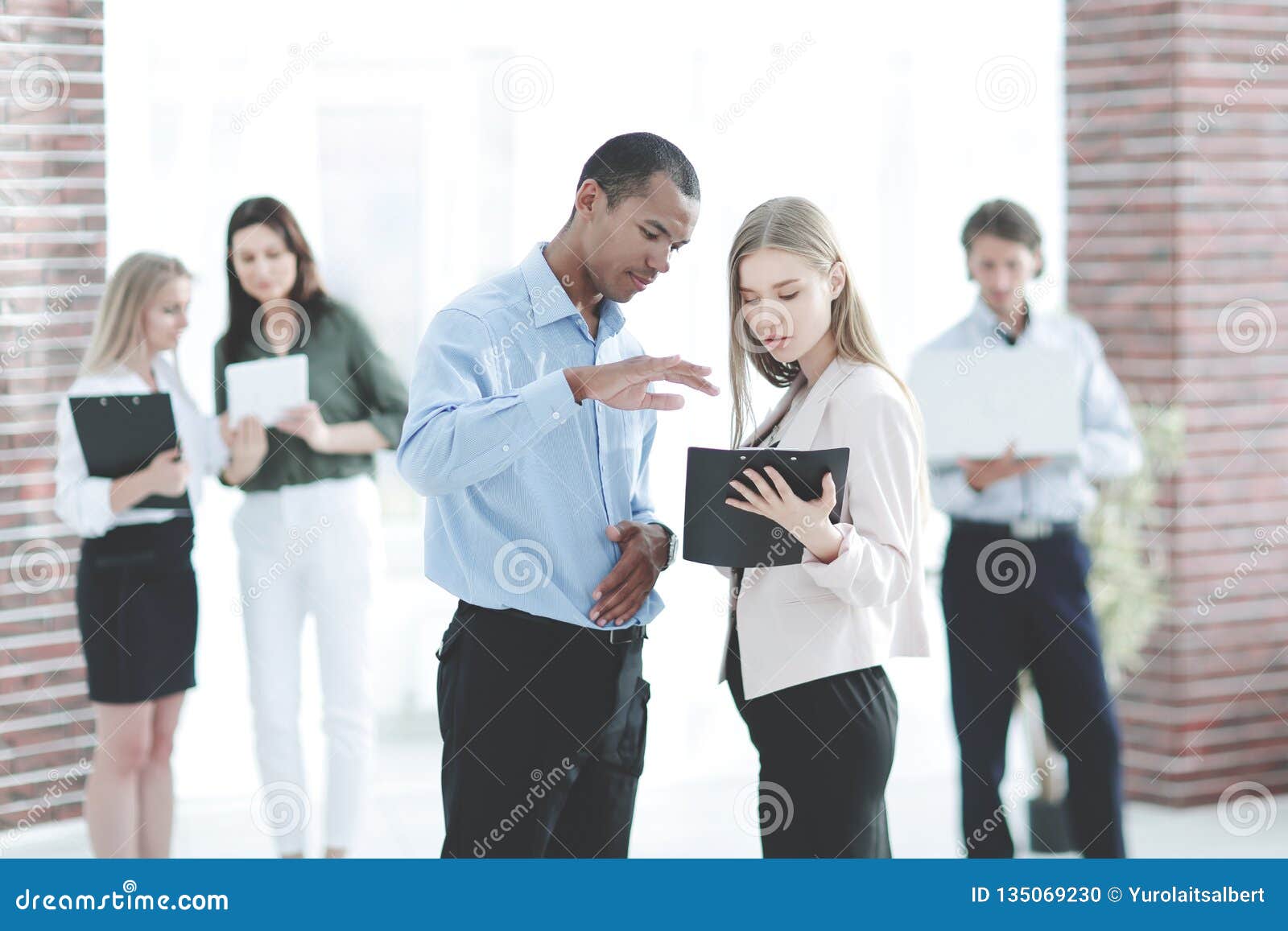 Employees Discussing Business Document Standing in the Office Stock ...