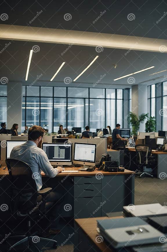 A Busy Office Environment with Employees Working Collaboratively in a ...