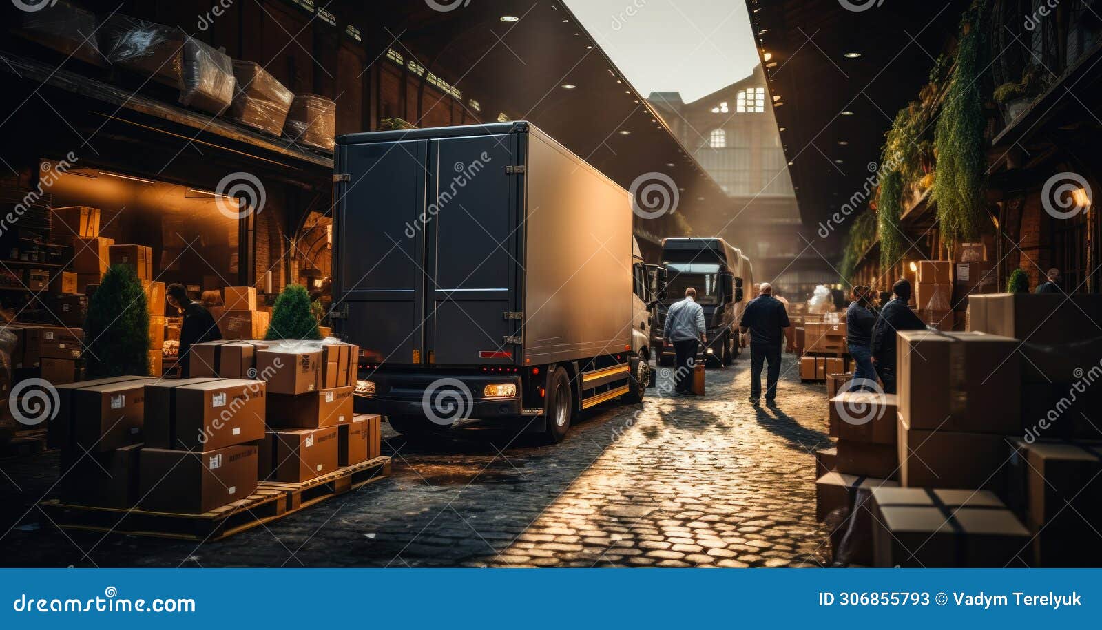Employees Loading Boxes into a Trucks at a Warehouse. a Group of Men ...
