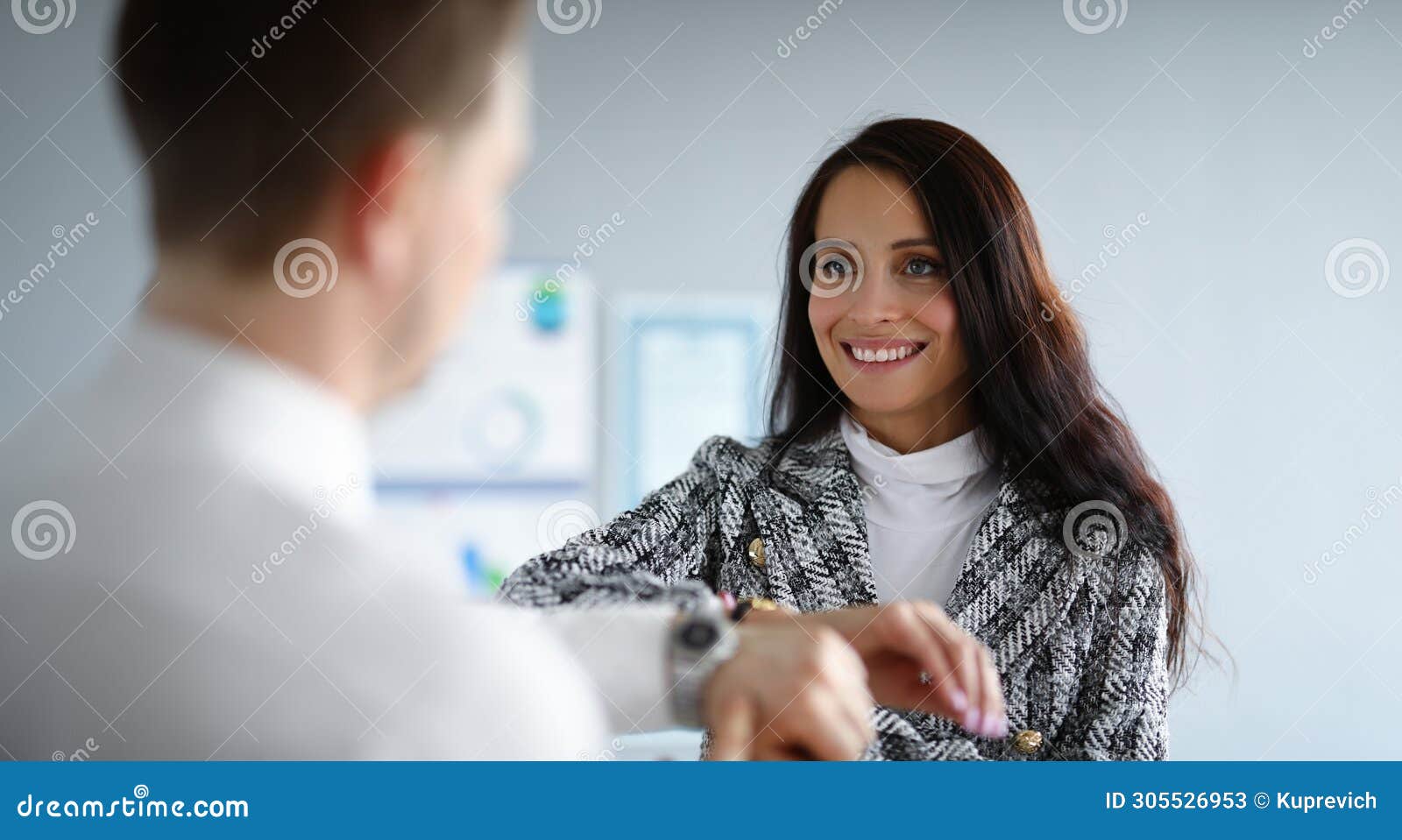 Employees Man and Woman Compare Watches and Laugh Stock Image - Image ...