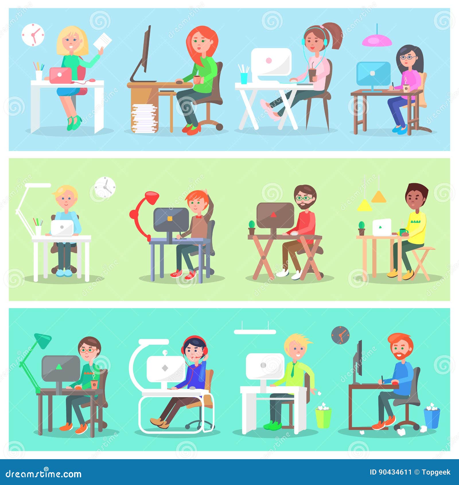 Employees in Office at Computer Illustrations Set Stock Vector ...