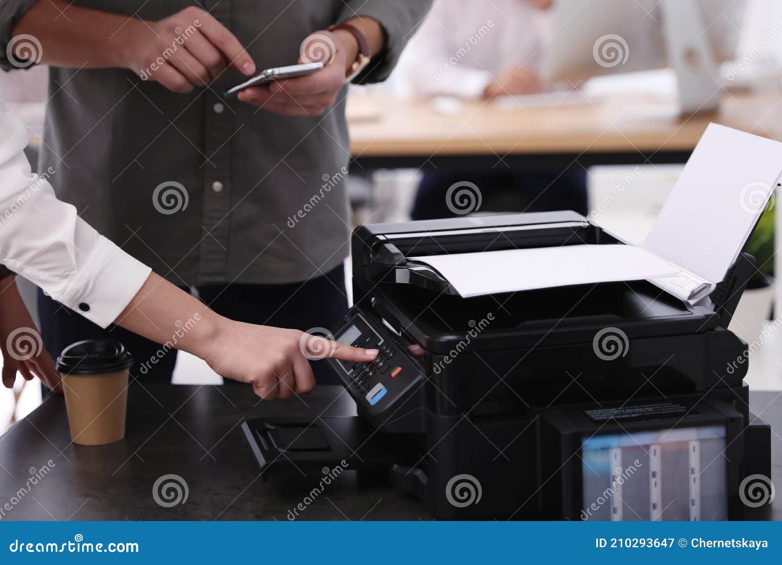 Employees Using Modern Printer in Office, Closeup Stock Image - Image ...