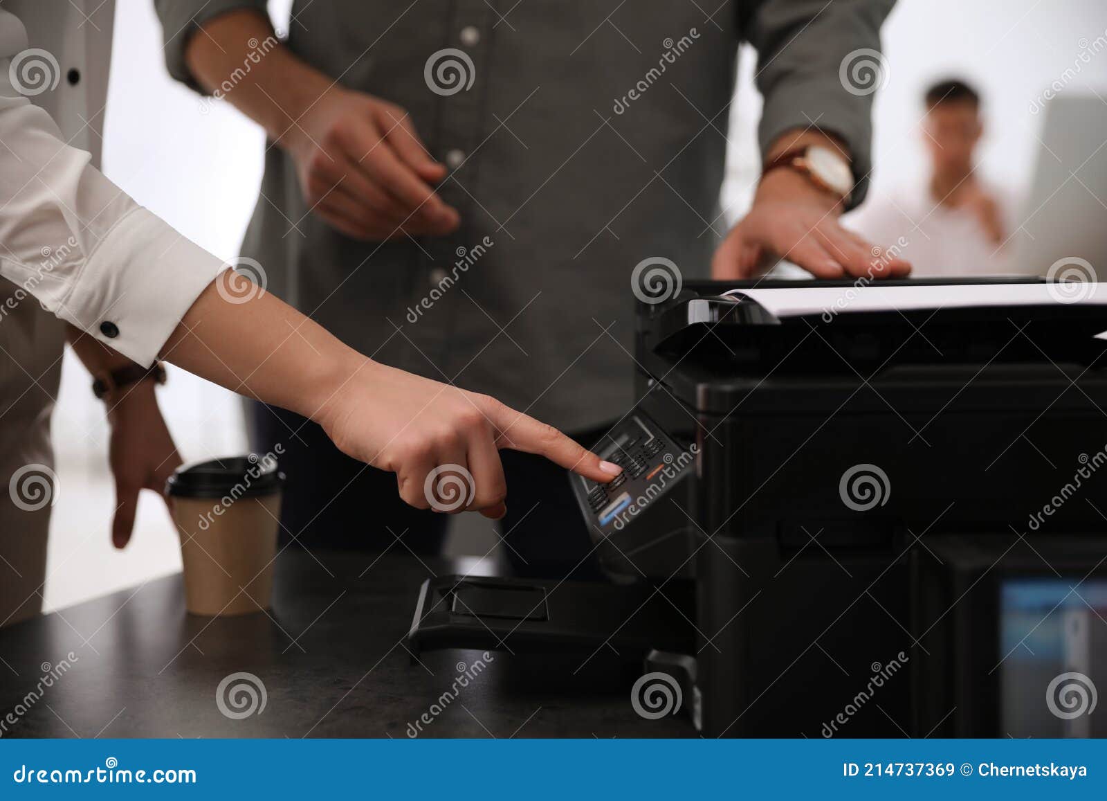 Employees Using Modern Printer in Office, Closeup Stock Image - Image ...
